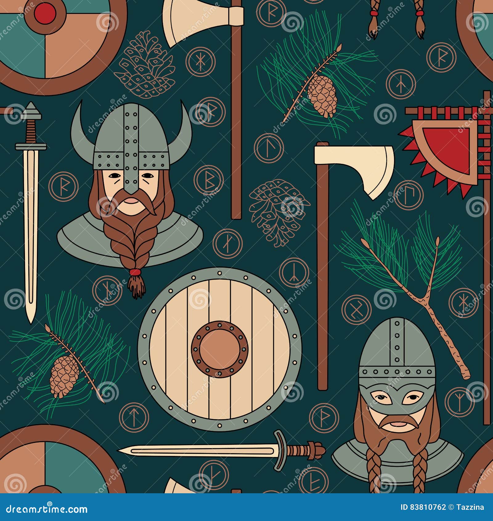 Seamless Viking Pattern with Pine Branches Stock Vector - Illustration ...