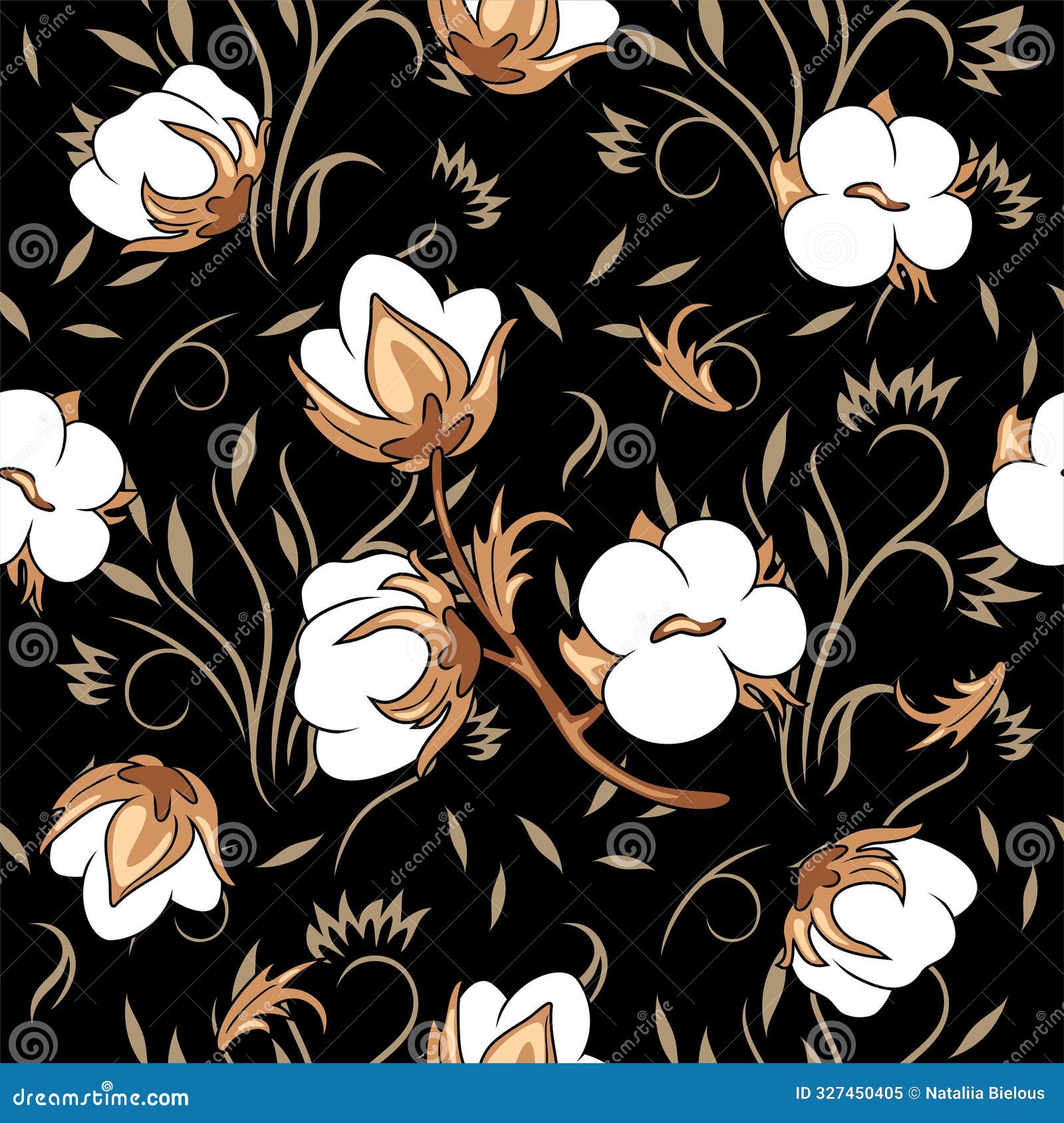 Seamless Vintage Dark Pattern with Blooming Cotton Stock Illustration ...