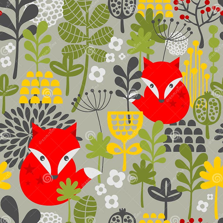 Seamless Vintage Fox and Flowers Pattern. Stock Vector - Illustration ...