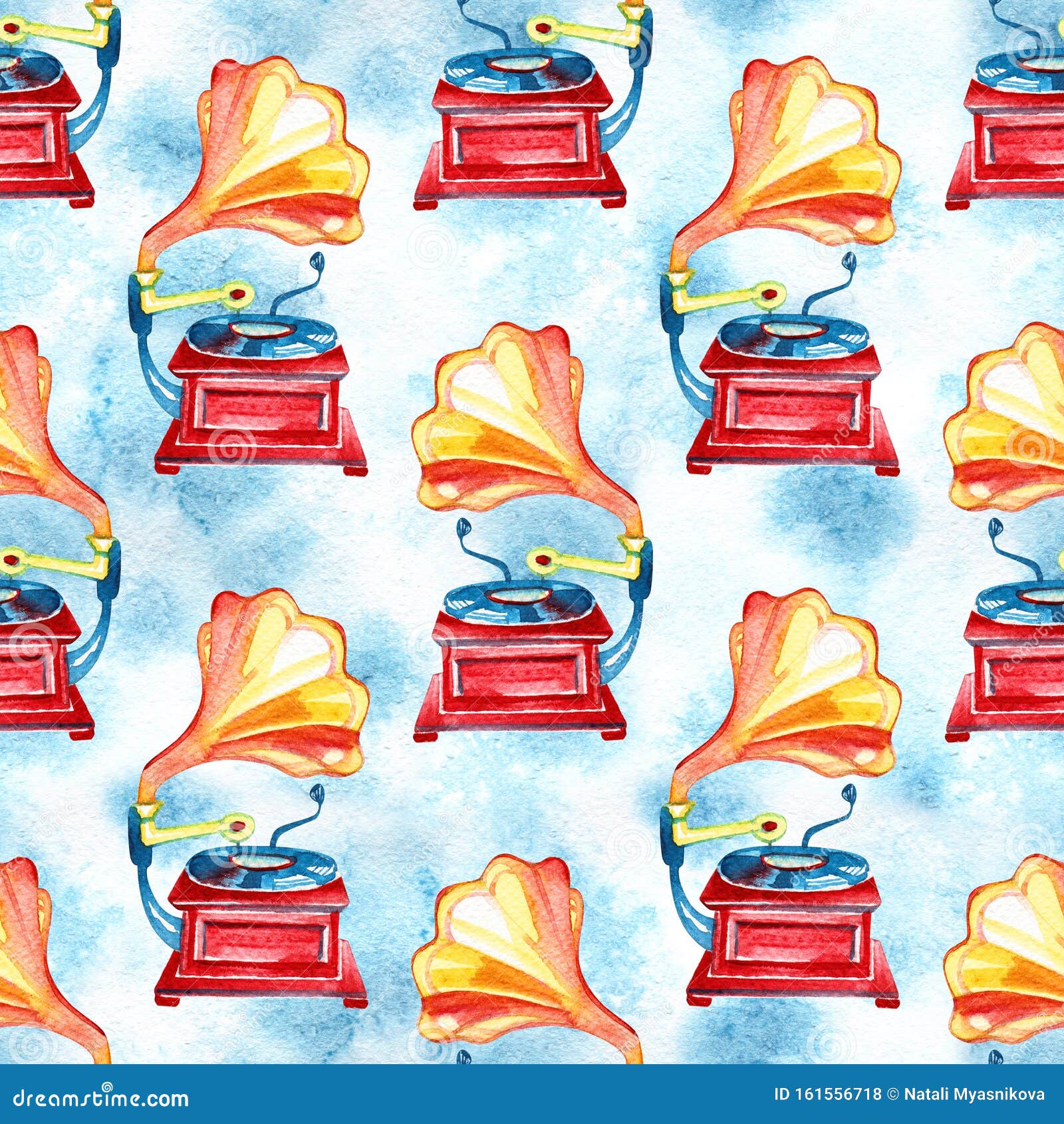 Seamless Vintage Gramophone Pattern. Watercolor Illustration Background ...