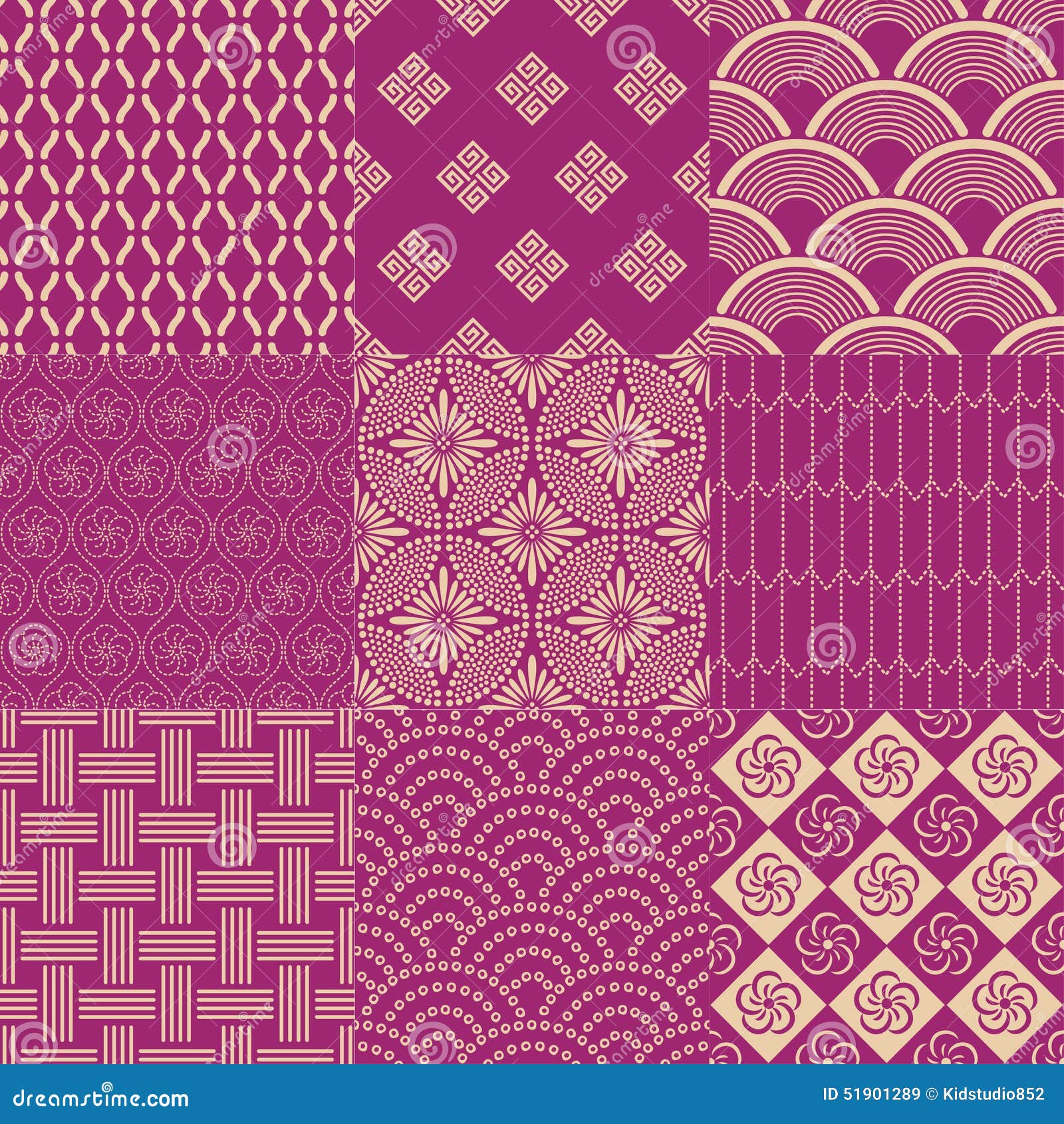 Seamless Vintage Japanese Pattern Set Stock Vector - Illustration of ...