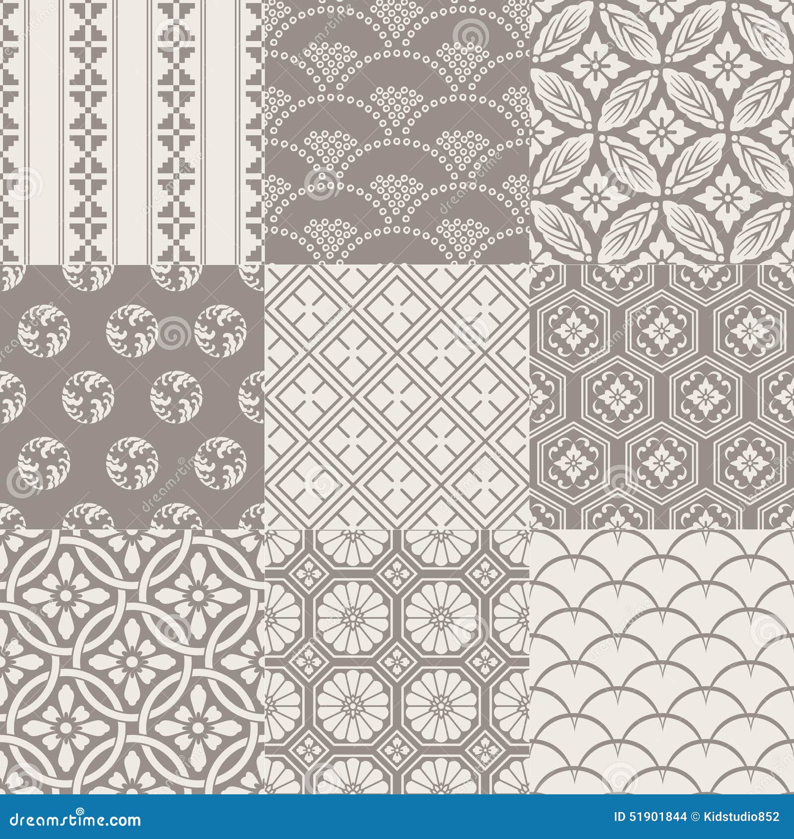 Seamless Vintage Japanese Pattern Set Stock Vector - Illustration of ...