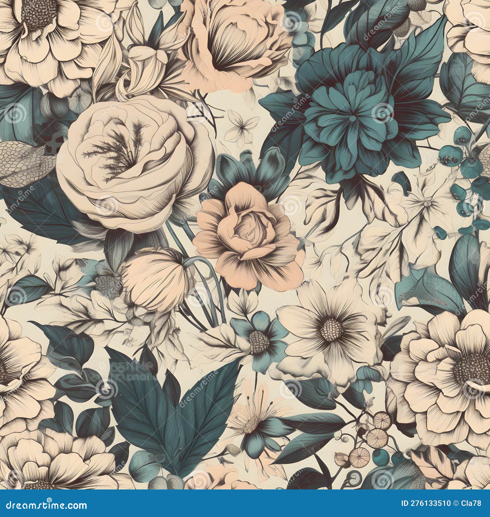 Seamless Vintage Pastel Flower Pattern, Ai Generative Illustration Stock Illustration ...
