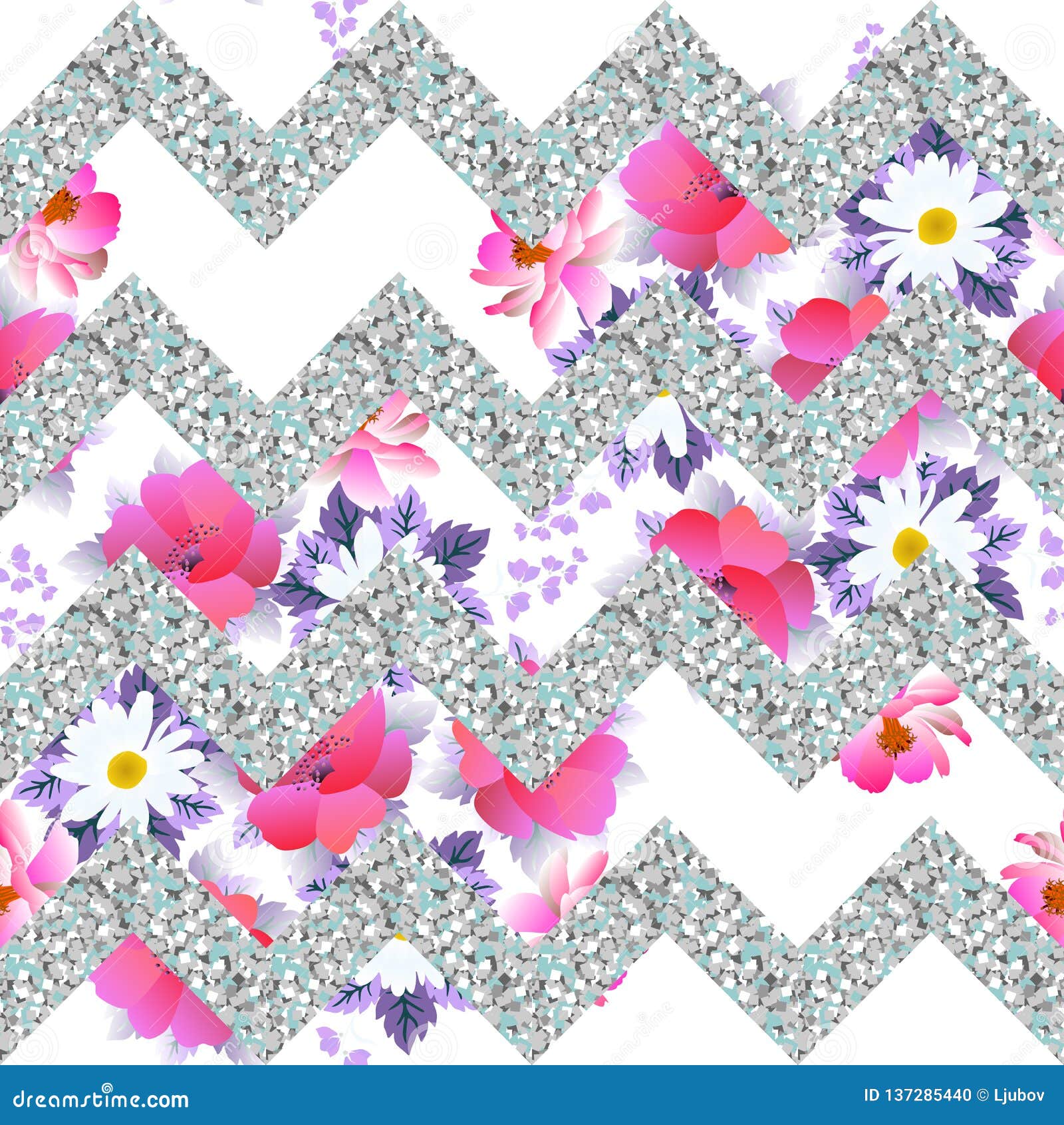 Seamless Vintage Pattern with Silver Zigzag and Garden Flowers in ...