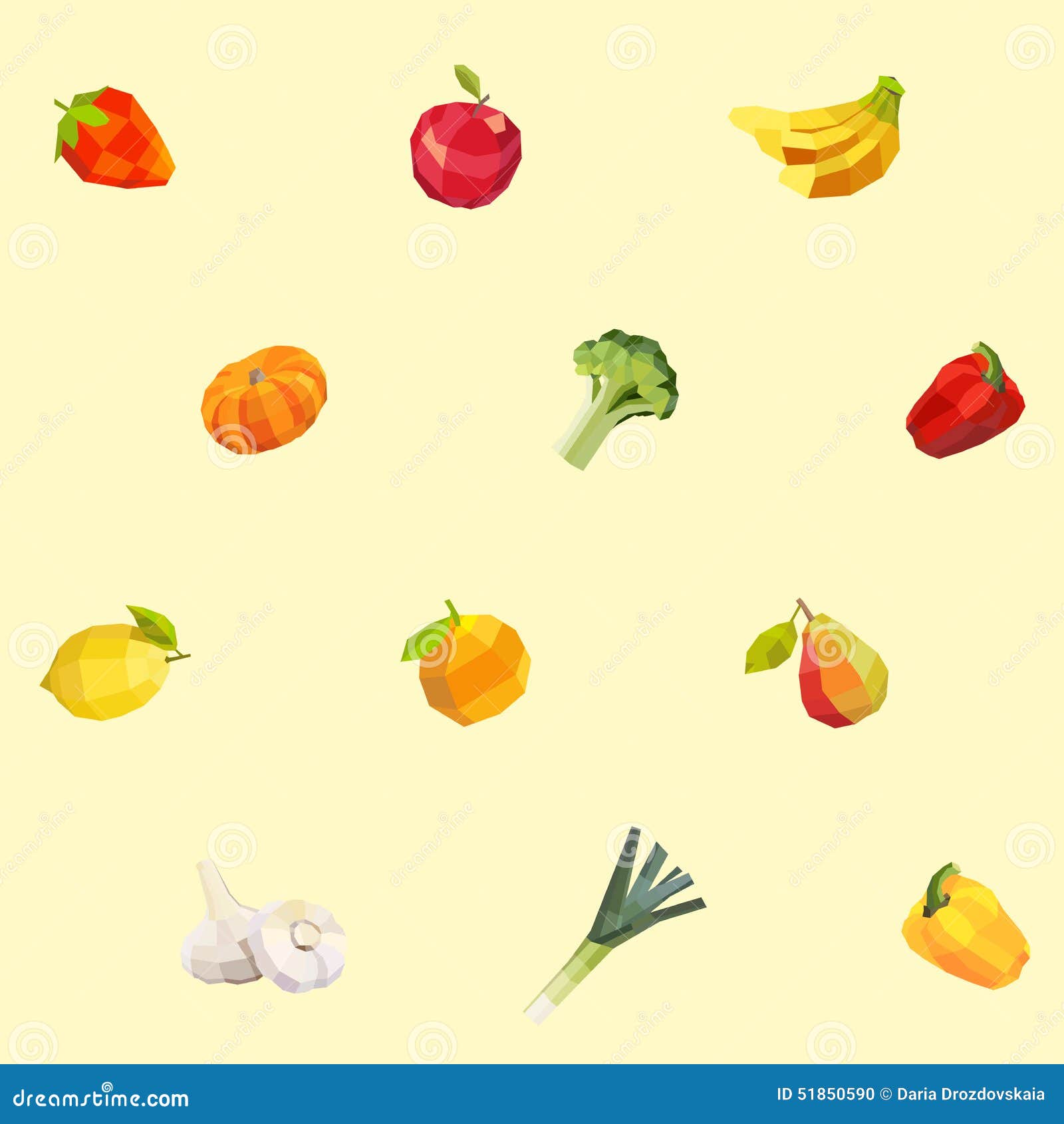 Seamless Vintage Polygon Fruit Vegetable Pattern Stock Vector ...