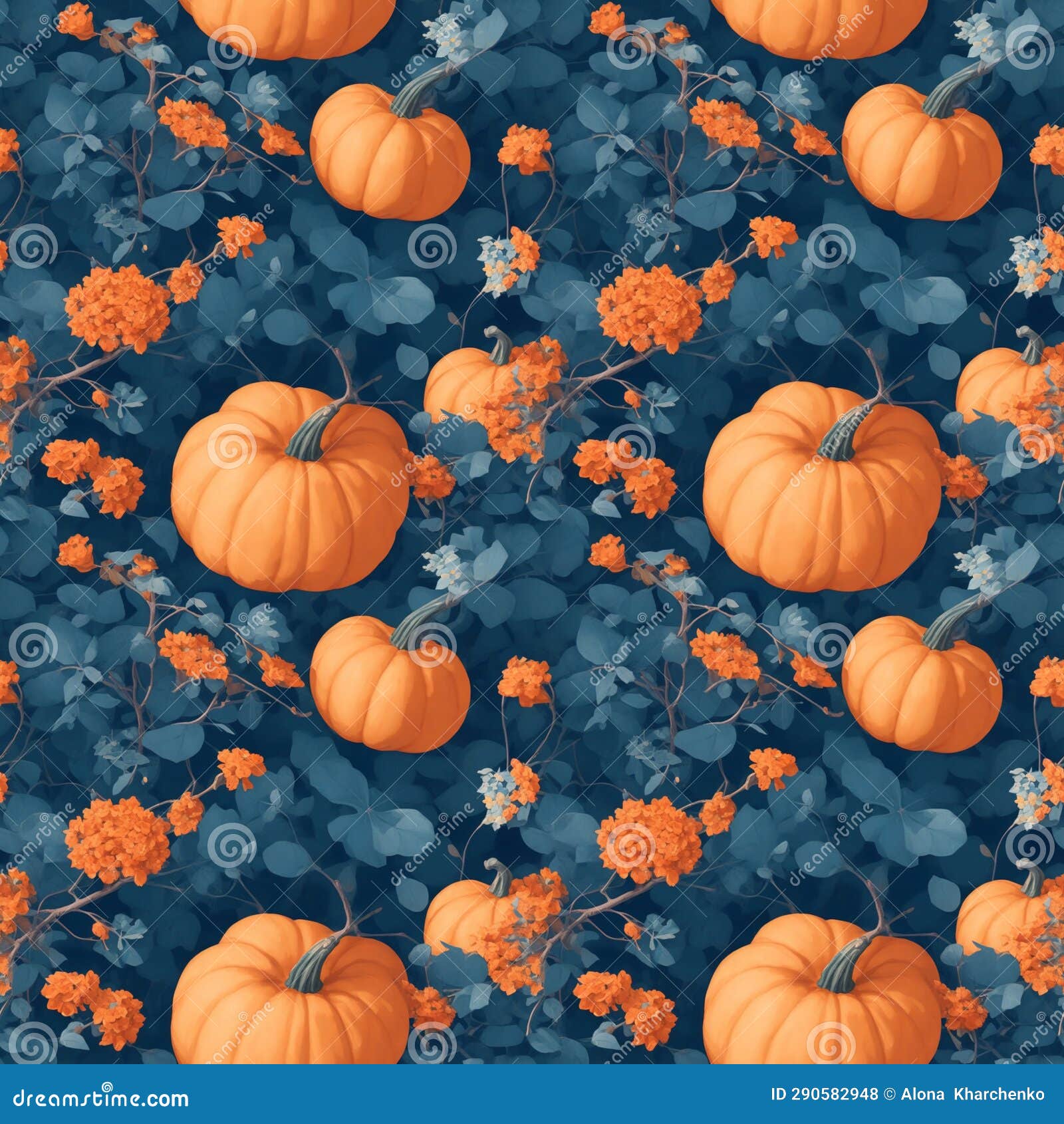 Seamless Wallpaper with Pumpkins on a Blue Background Stock ...