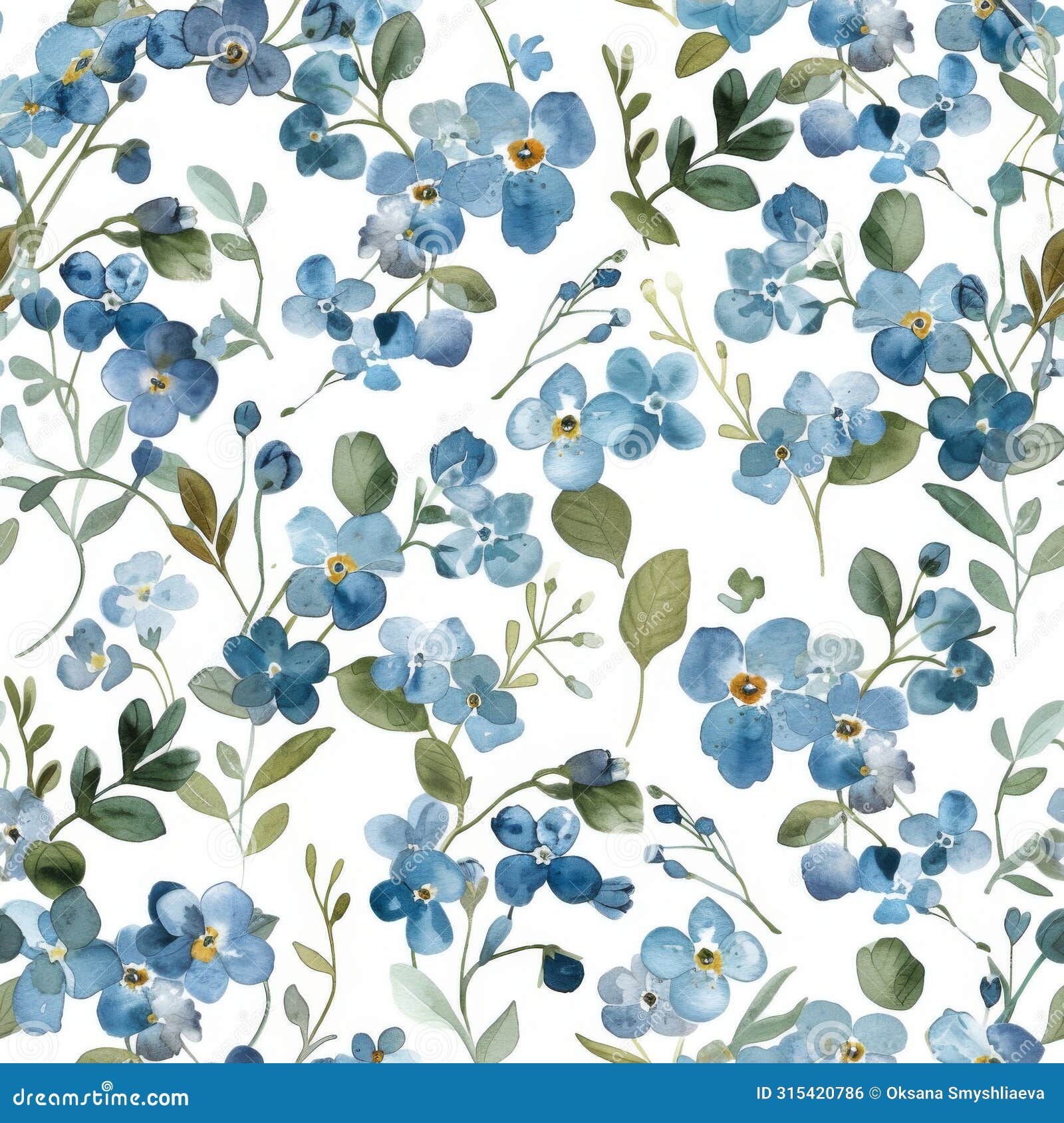 Seamless Watercolor Blue Floral Pattern for Spring Fabric Design Stock ...