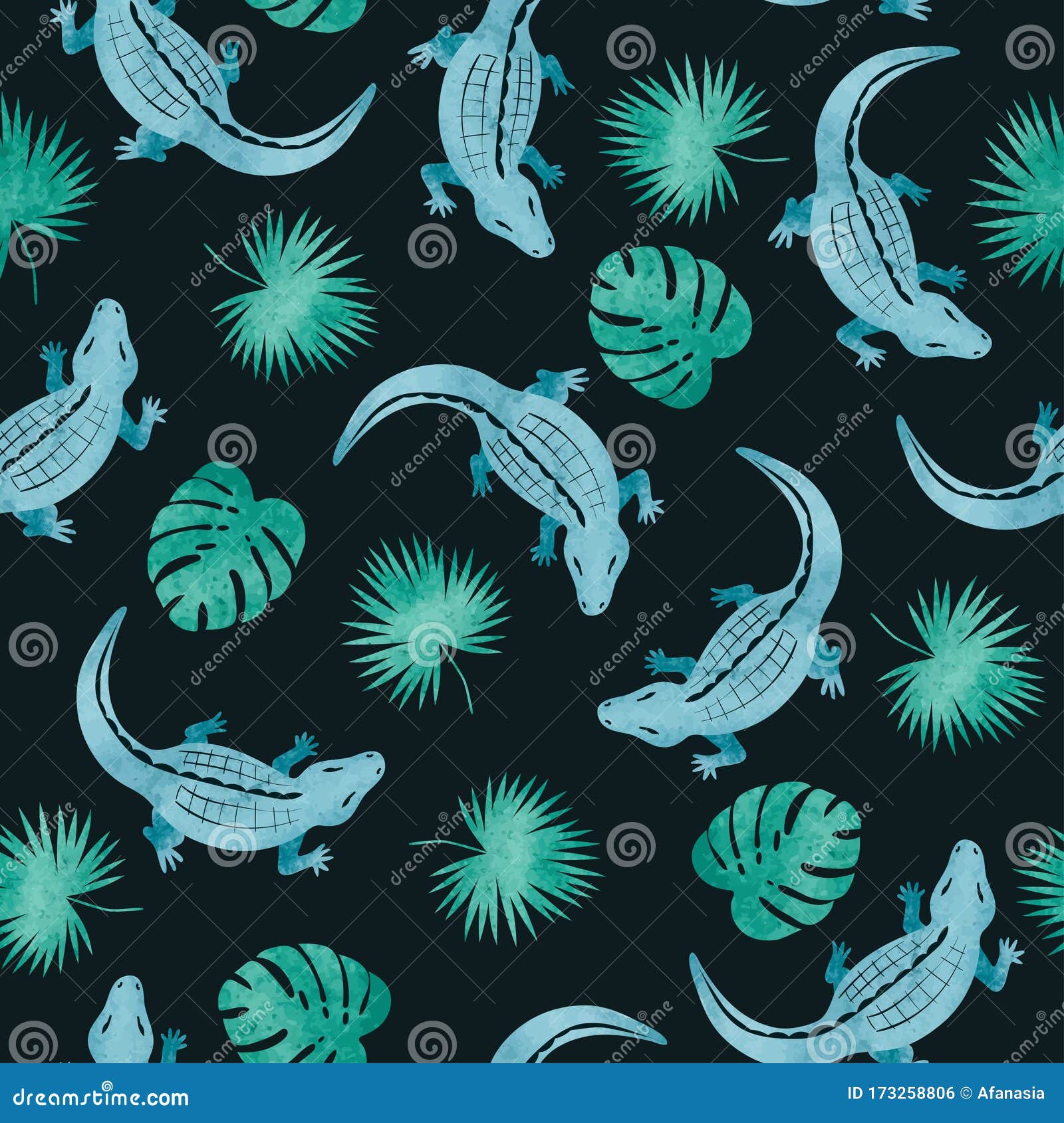 Seamless Watercolor Crocodile Pattern. Vector Background with ...