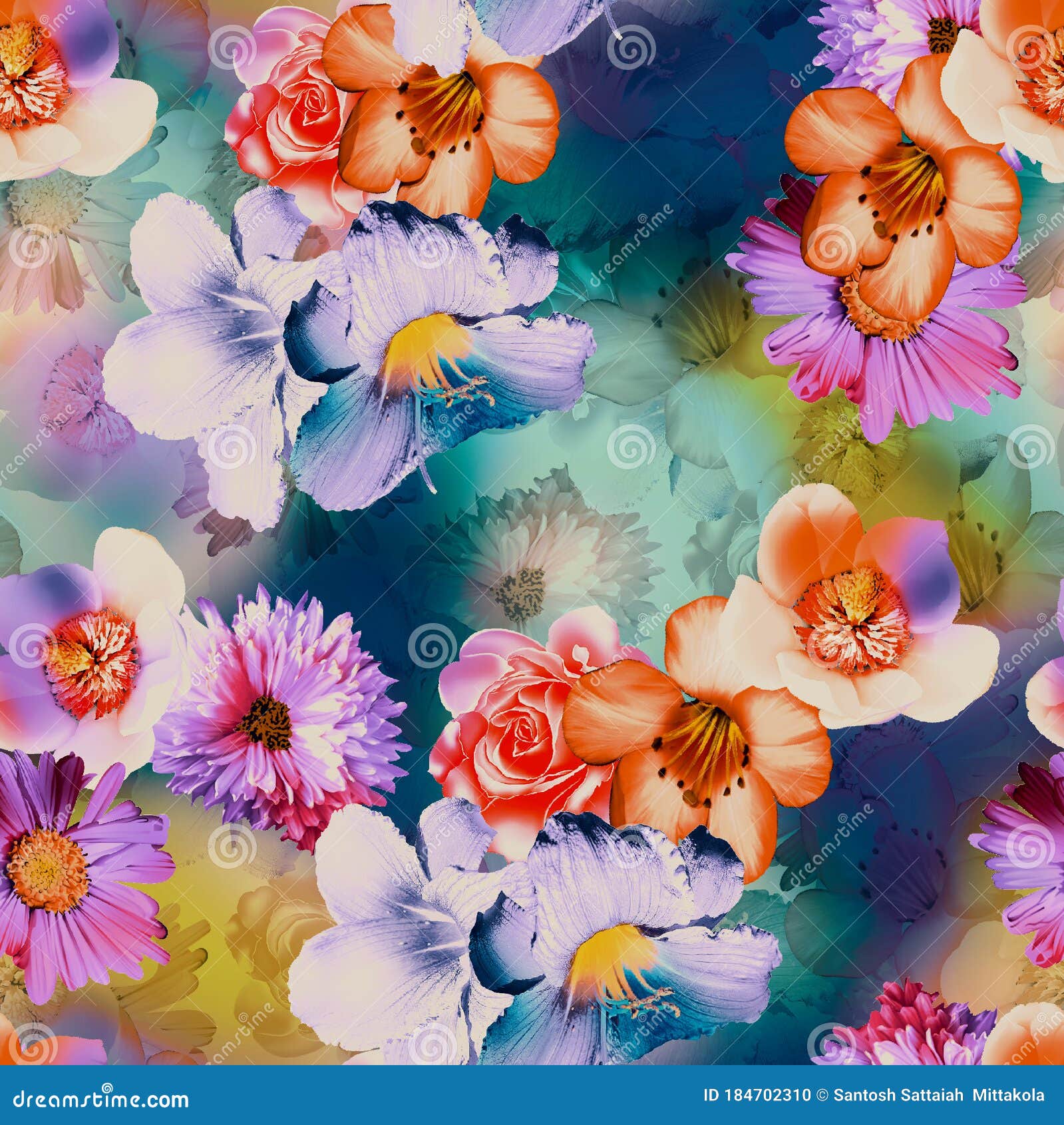 Seamless Watercolor Flower Pattern Floral Allover Design with ...