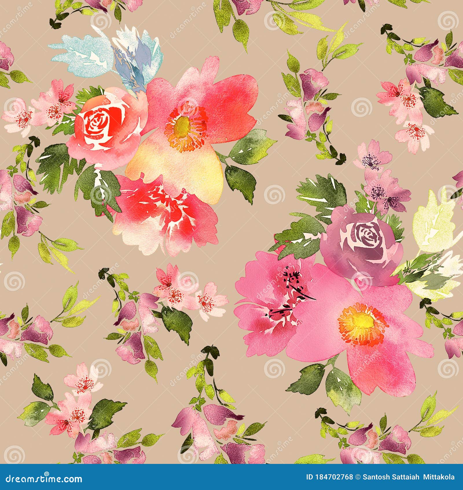Seamless Watercolor Flower Pattern Floral Allover Design with ...
