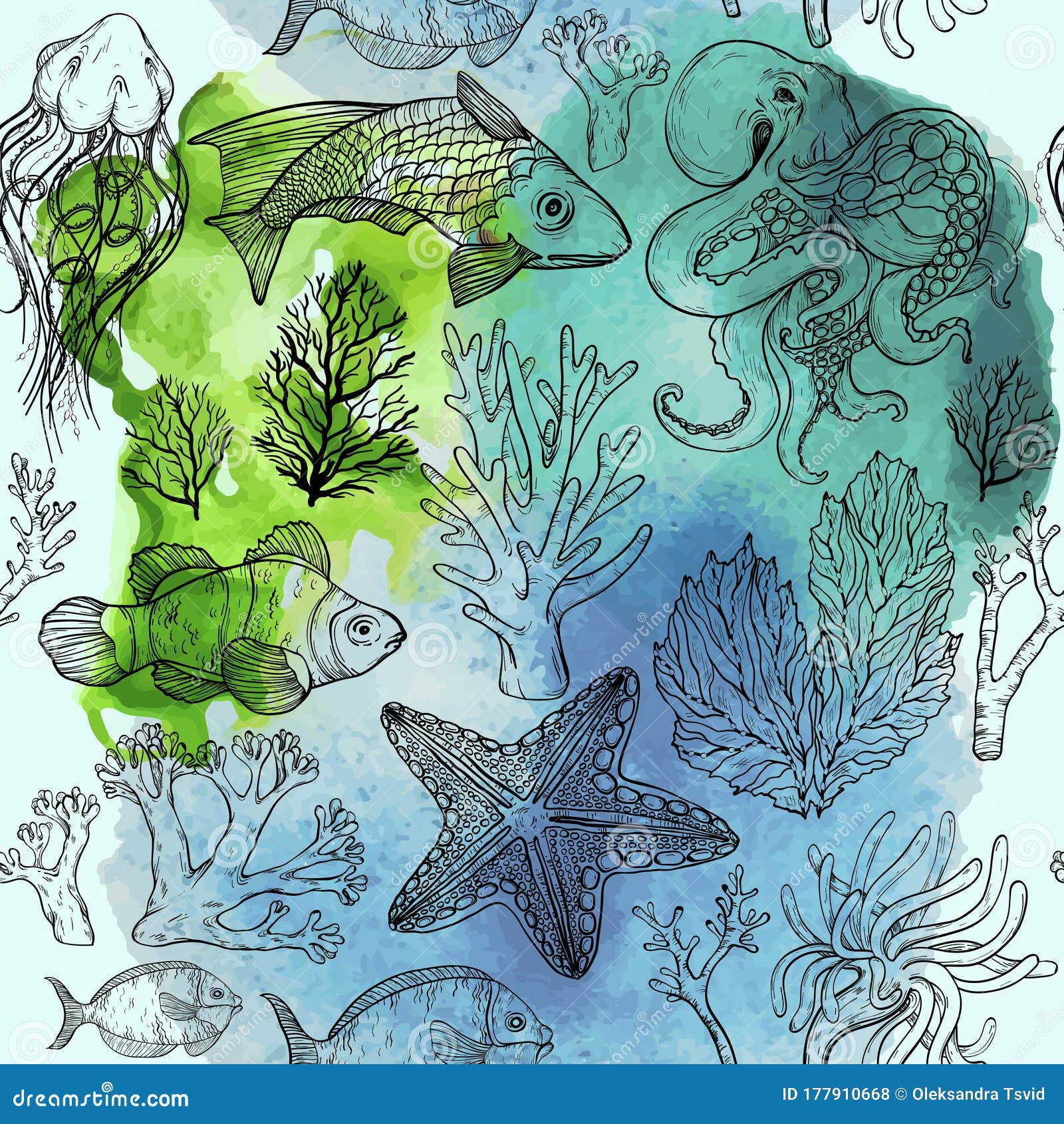 Seamless Watercolor Pattern with Sketch of Deepwater Living Organisms ...