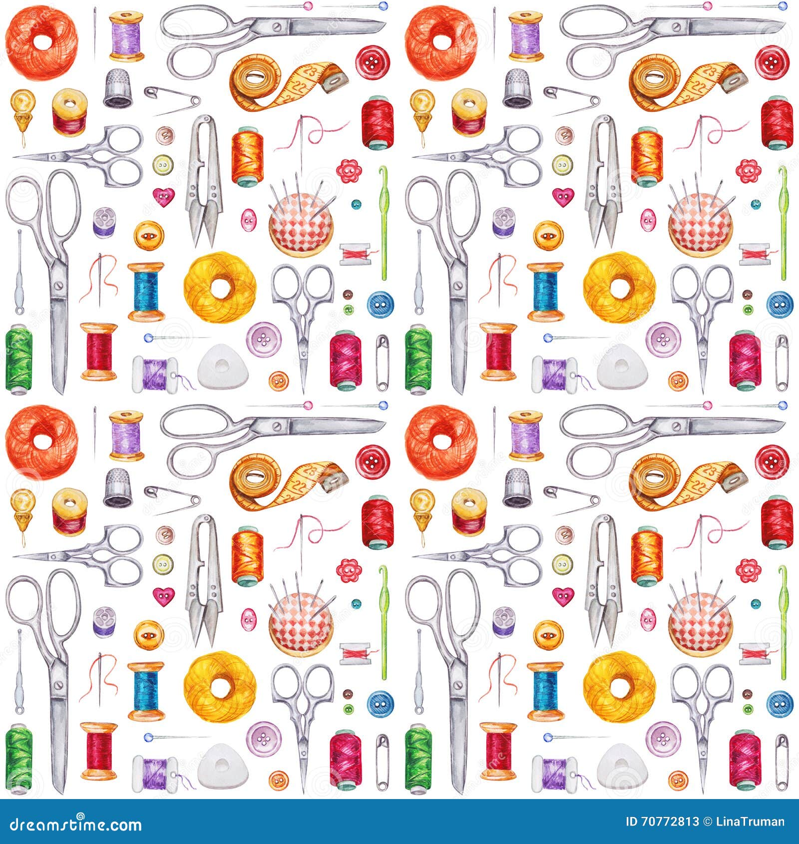 Seamless Watercolor Pattern of Various Sewing Tools. Sewing Kit Stock ...