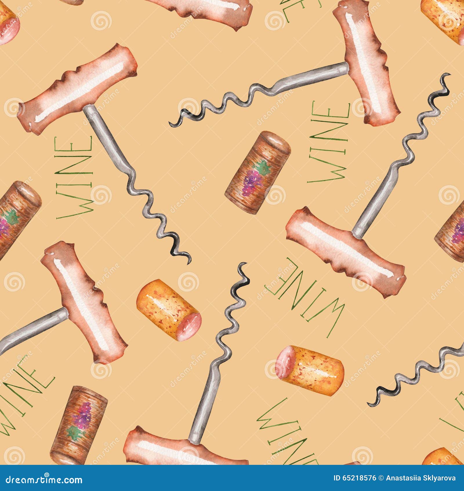 A Seamless Watercolor Pattern with the Wine Elements: Wine Corks and a ...