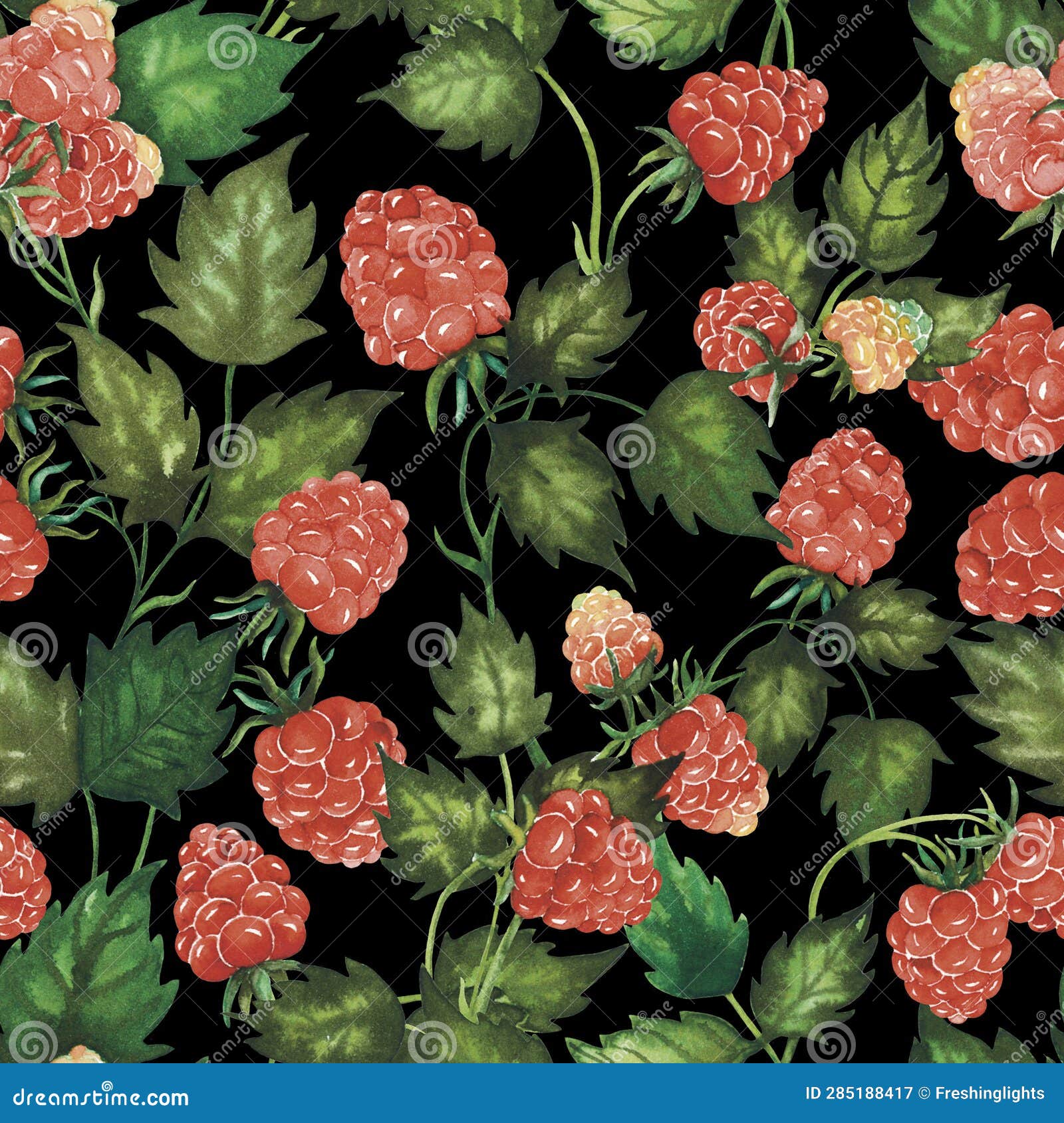 Seamless Watercolour Raspberry Pattern with Berries, Leaves Hand Drawn ...