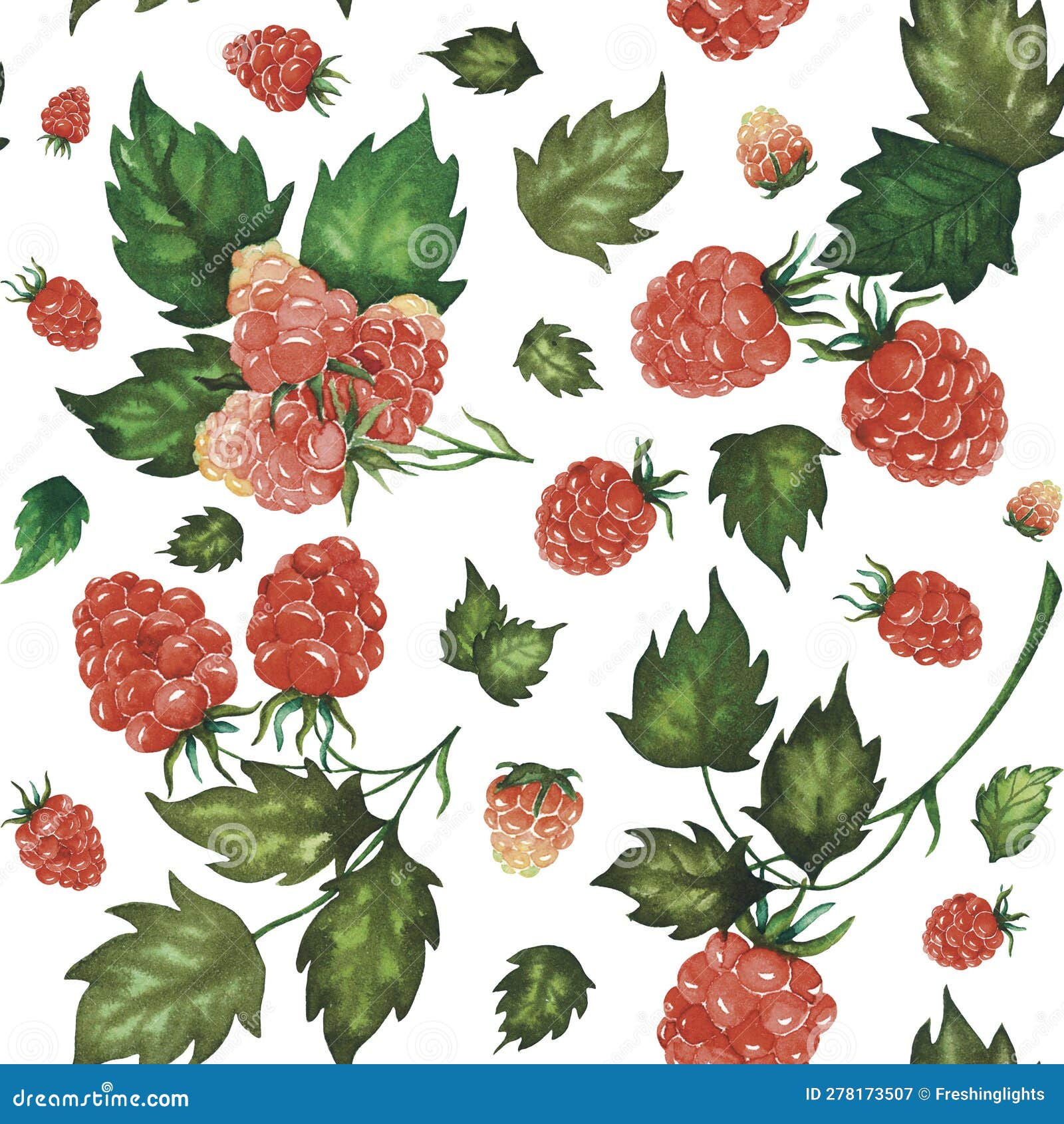 Seamless Watercolour Raspberry Pattern with Berries and Leaves Hand ...