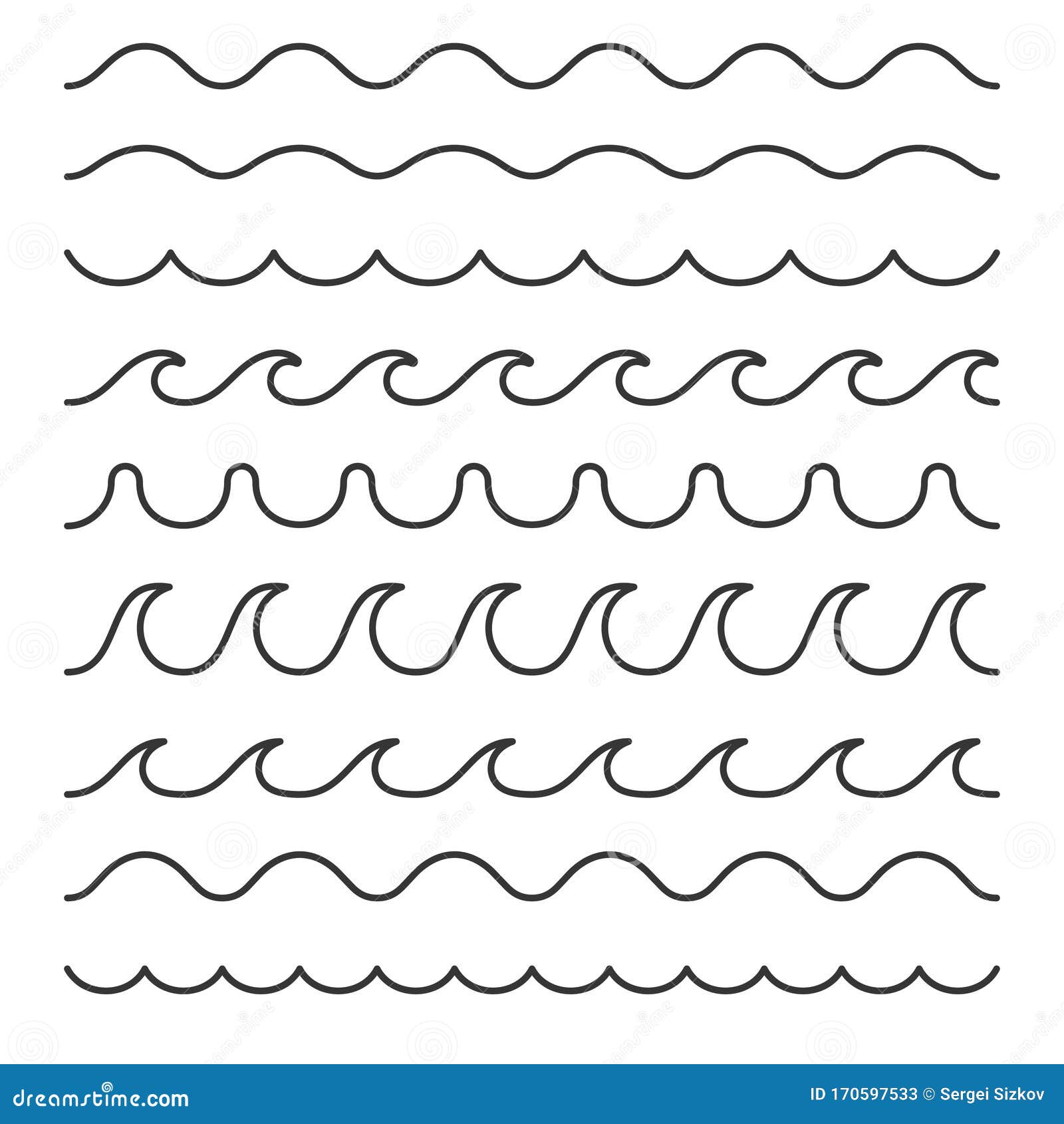 Seamless Wave Pattern Set on White Background. Line Style Vector ...