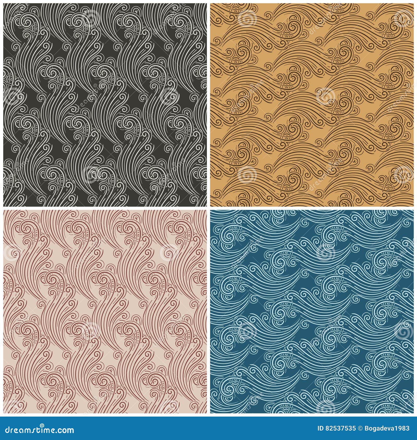 Seamless Wavy Swirls Pattern Set Stock Vector - Illustration of retro ...