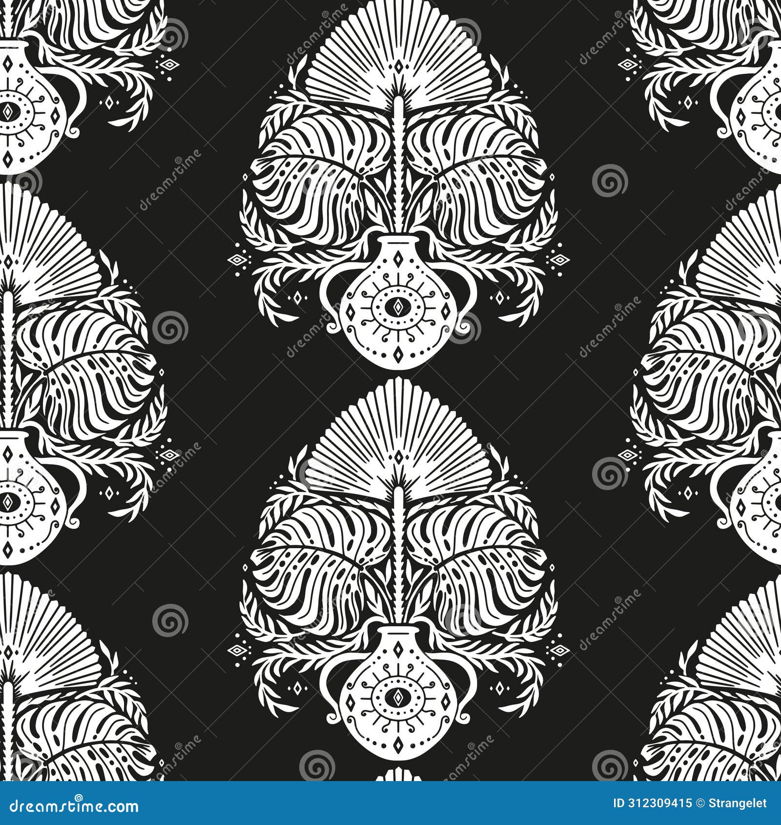 Seamless White Damask Pattern on a Black Background. Stock Vector ...