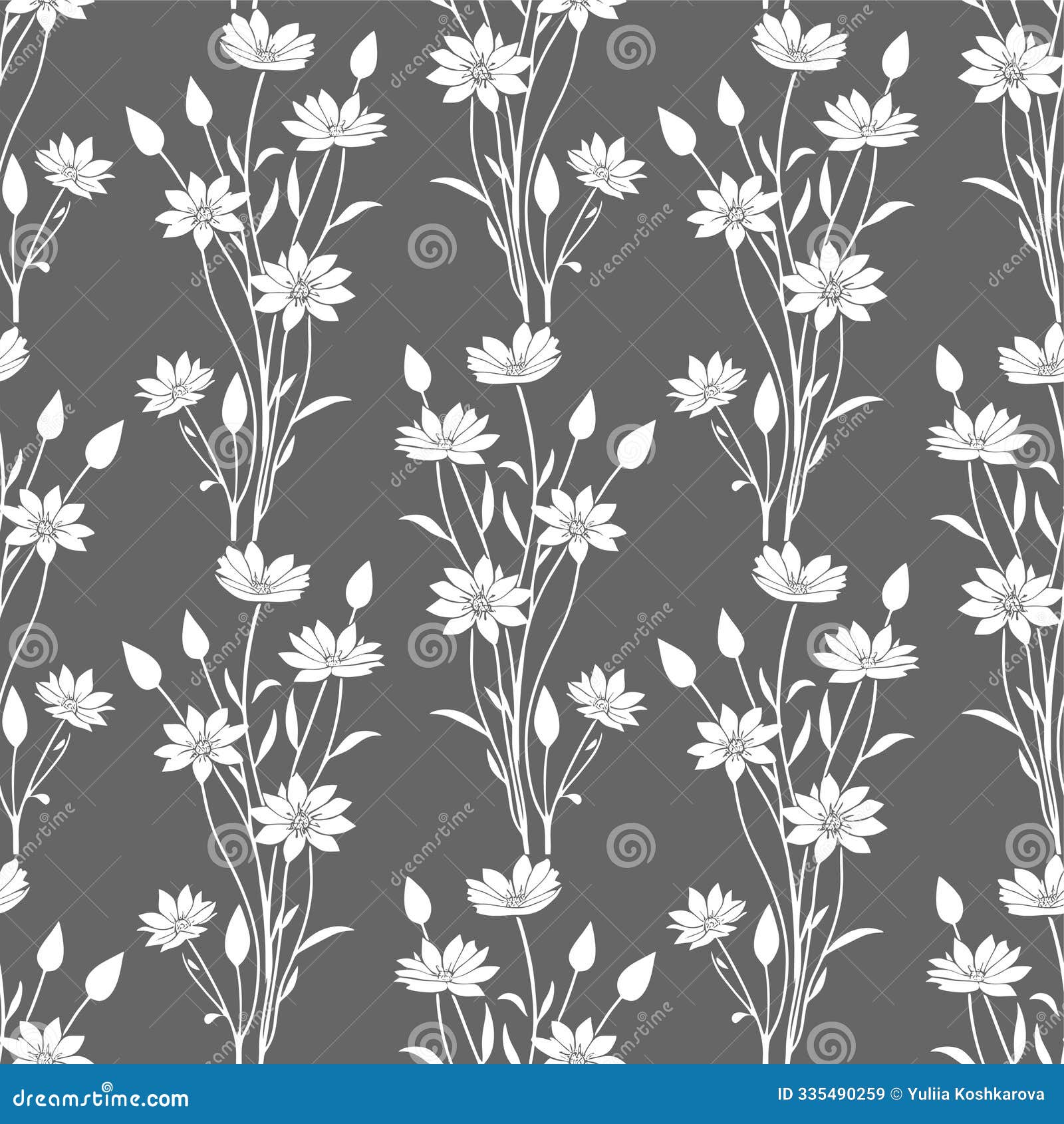Seamless White Graphic Floral Pattern on Gray Background Stock ...