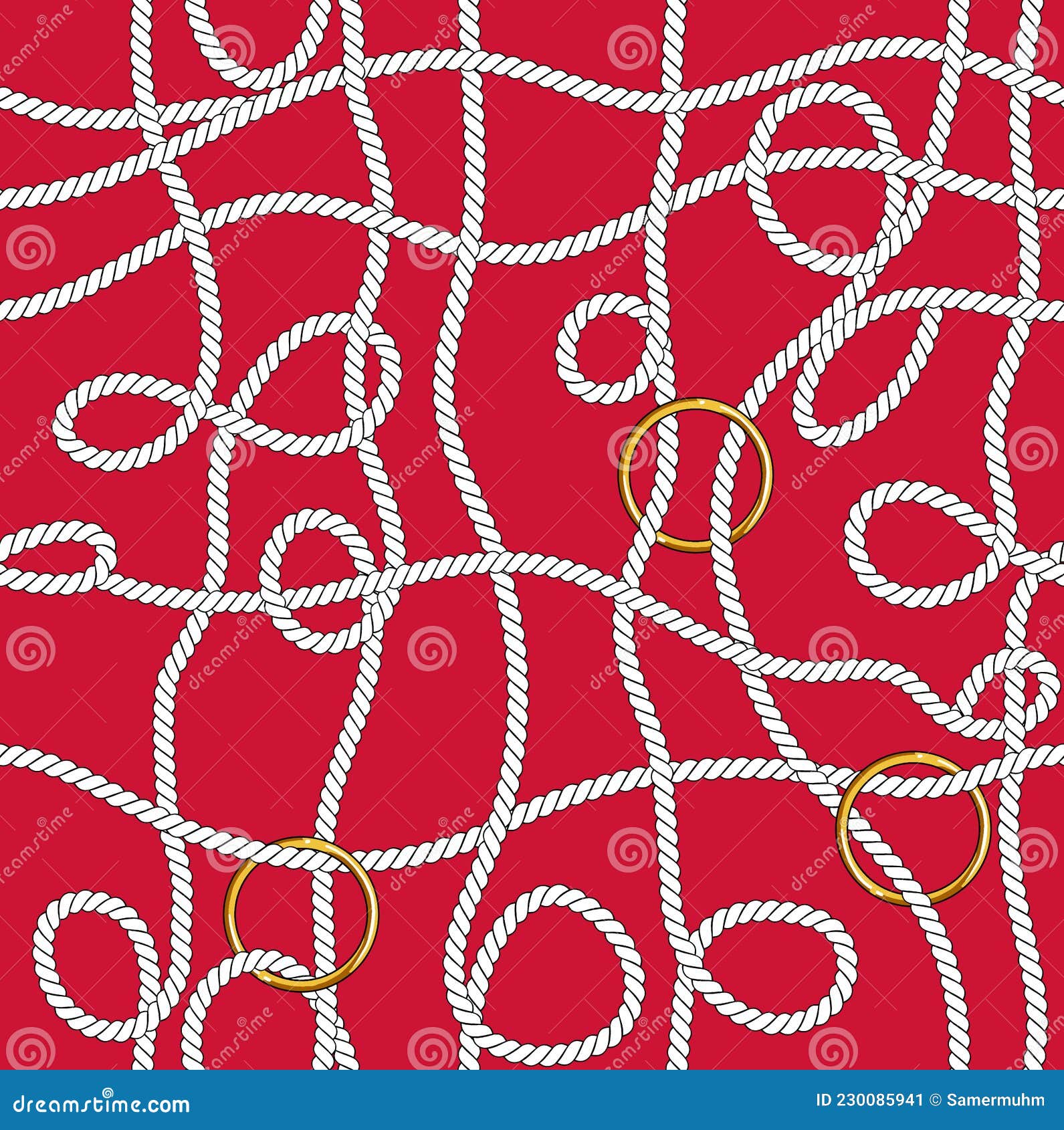 Seamless White Marine Ropes Pattern with Golden Rings on Red Background ...