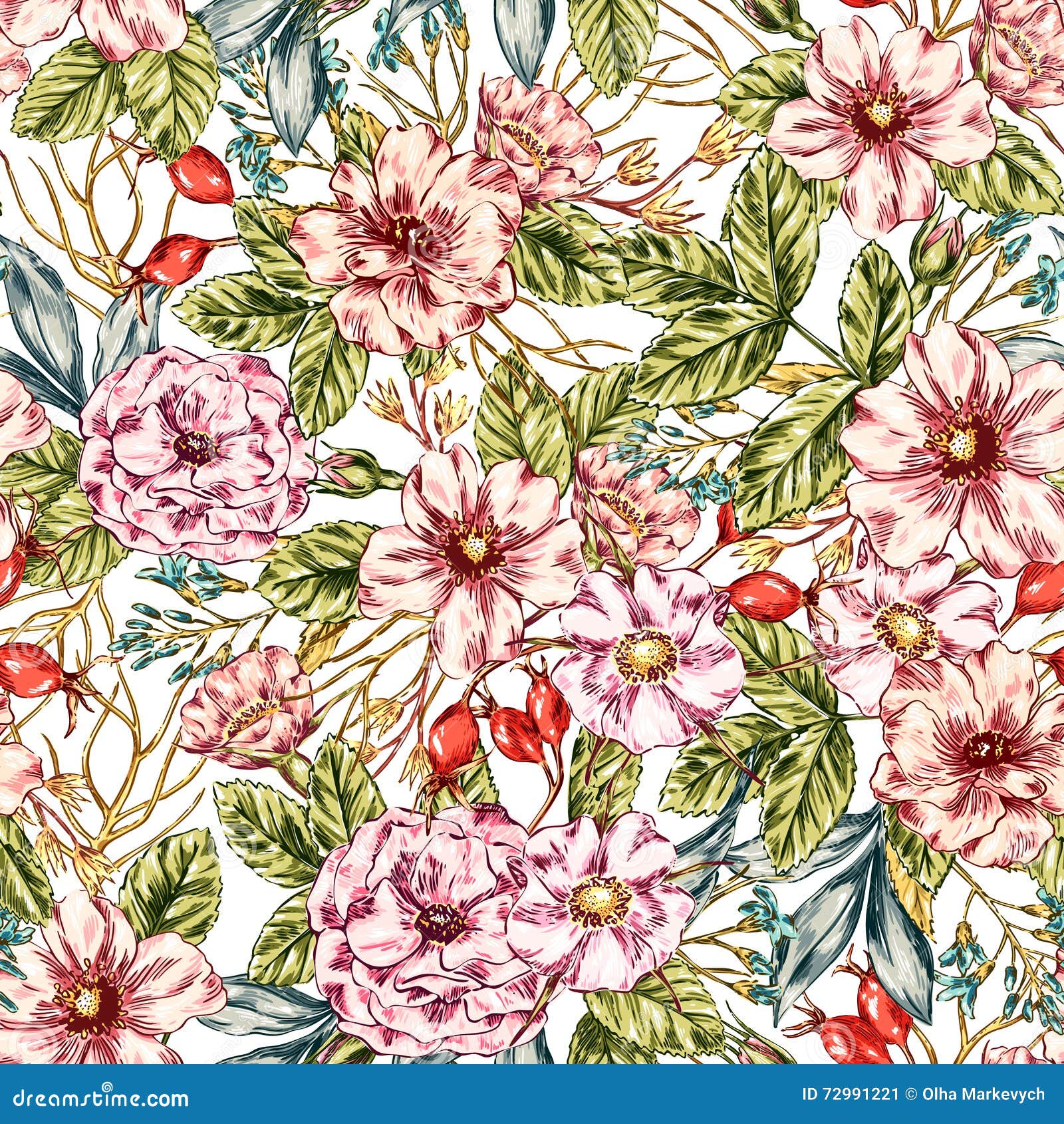 Seamless Wild rose Pattern stock vector. Illustration of decor - 72991221