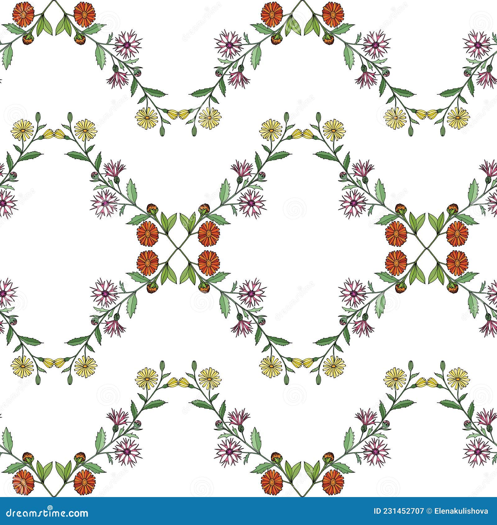 Seamless Wildflowers Pattern with Repeating Diamond-shaped Border ...