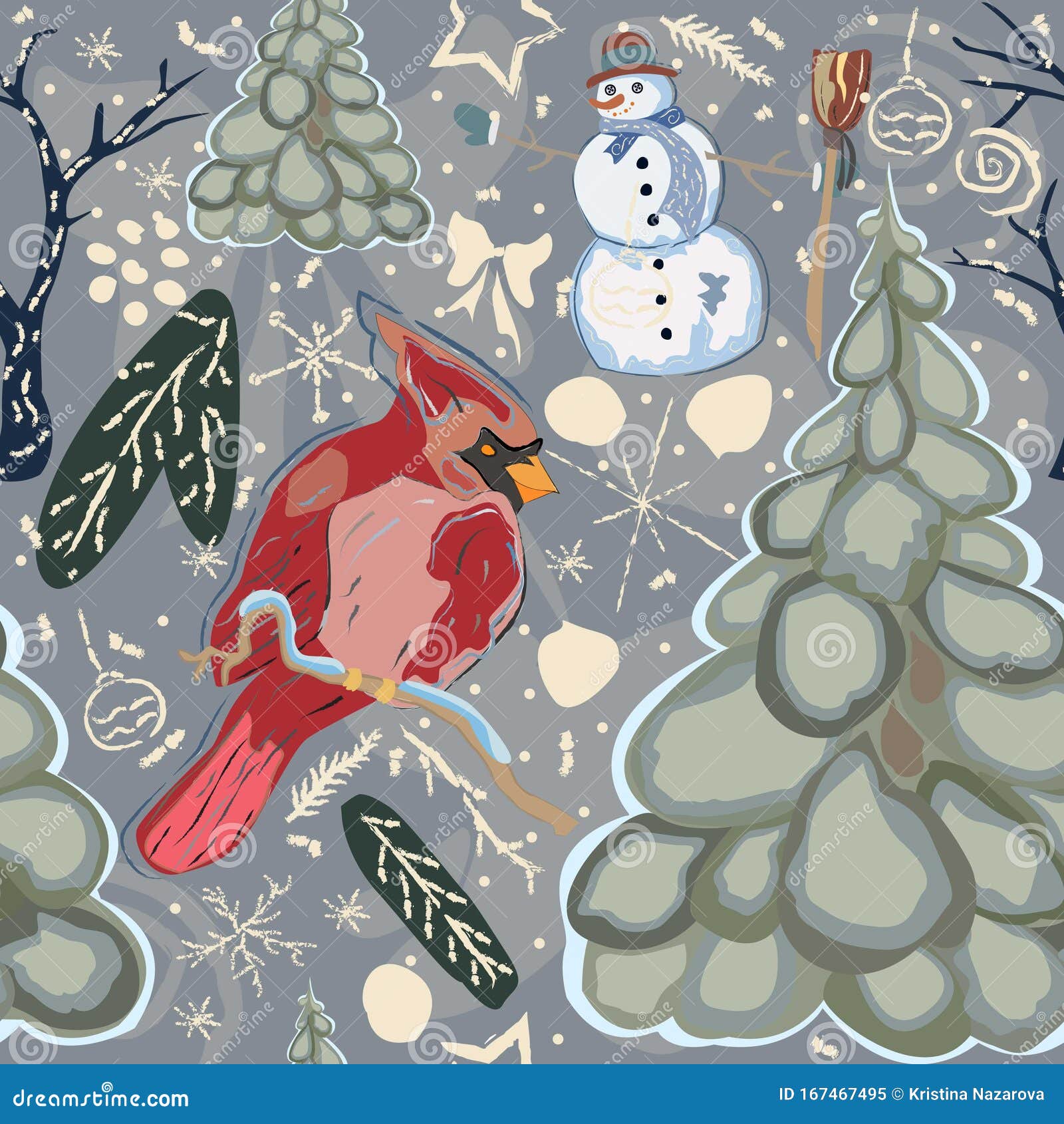 Seamless Winter Pattern with Cute Cardinal Bird, Snowman and Spruce ...