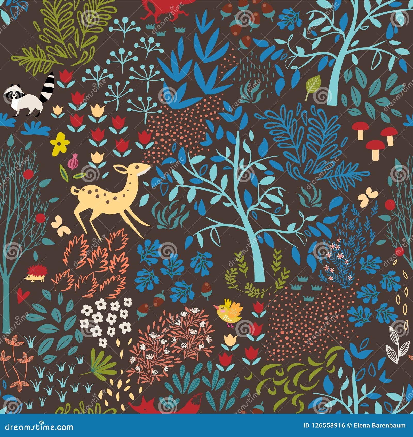 Seamless woodland pattern stock vector. Illustration of color - 126558916