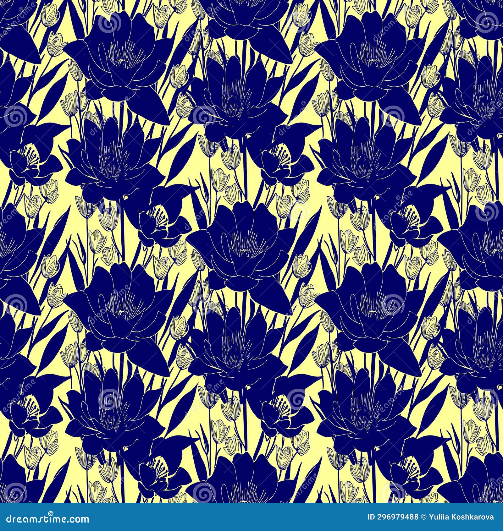 Seamless Yellow and Blue Floral Pattern, Monochrome Ornament, Design ...