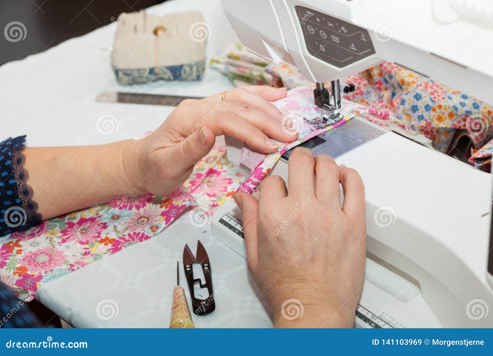 Seamstress Hands at Work, Threads and Needles Stock Image - Image of ...