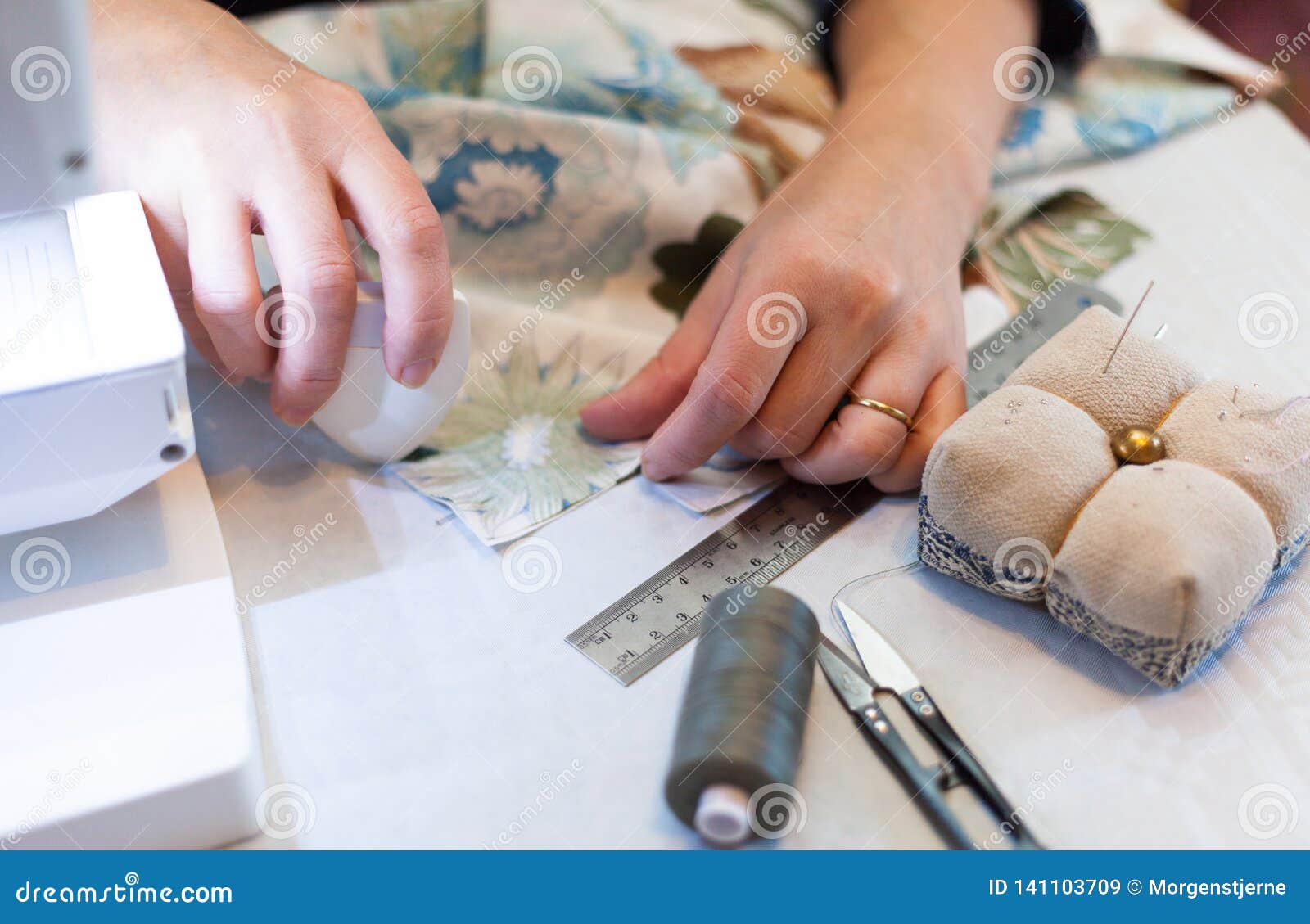 Seamstress Hands at Work, Threads and Needles Stock Image - Image of ...