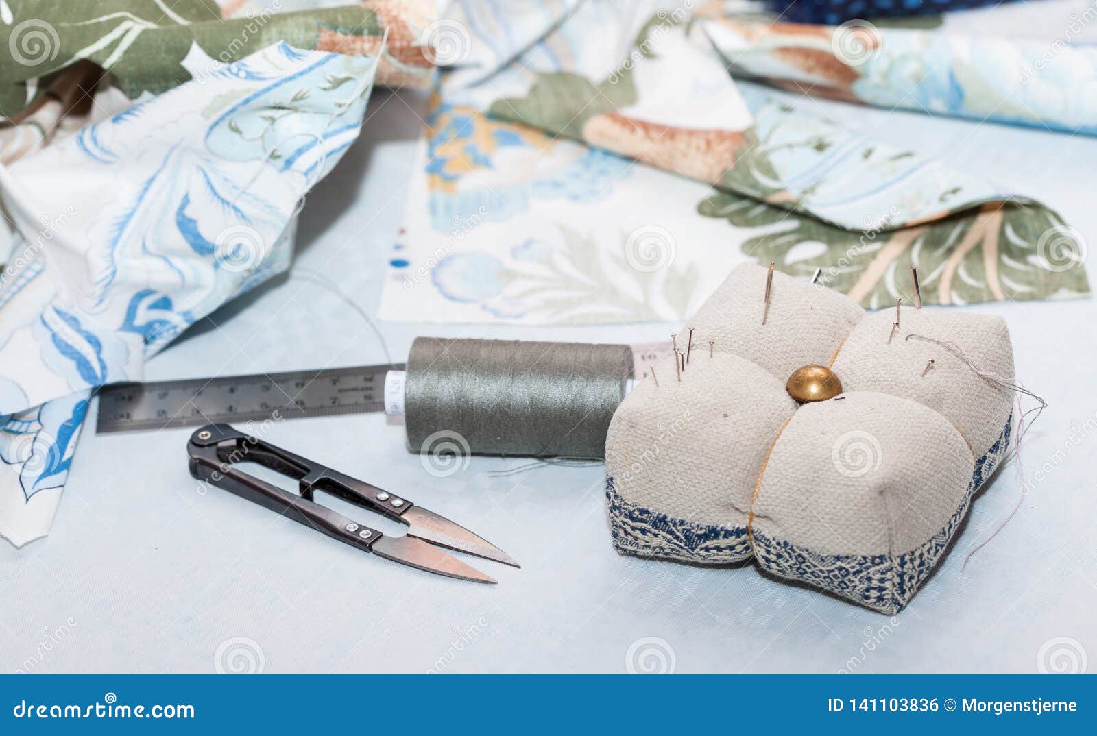 Seamstress Hands at Work, Threads and Needles Stock Photo - Image of ...