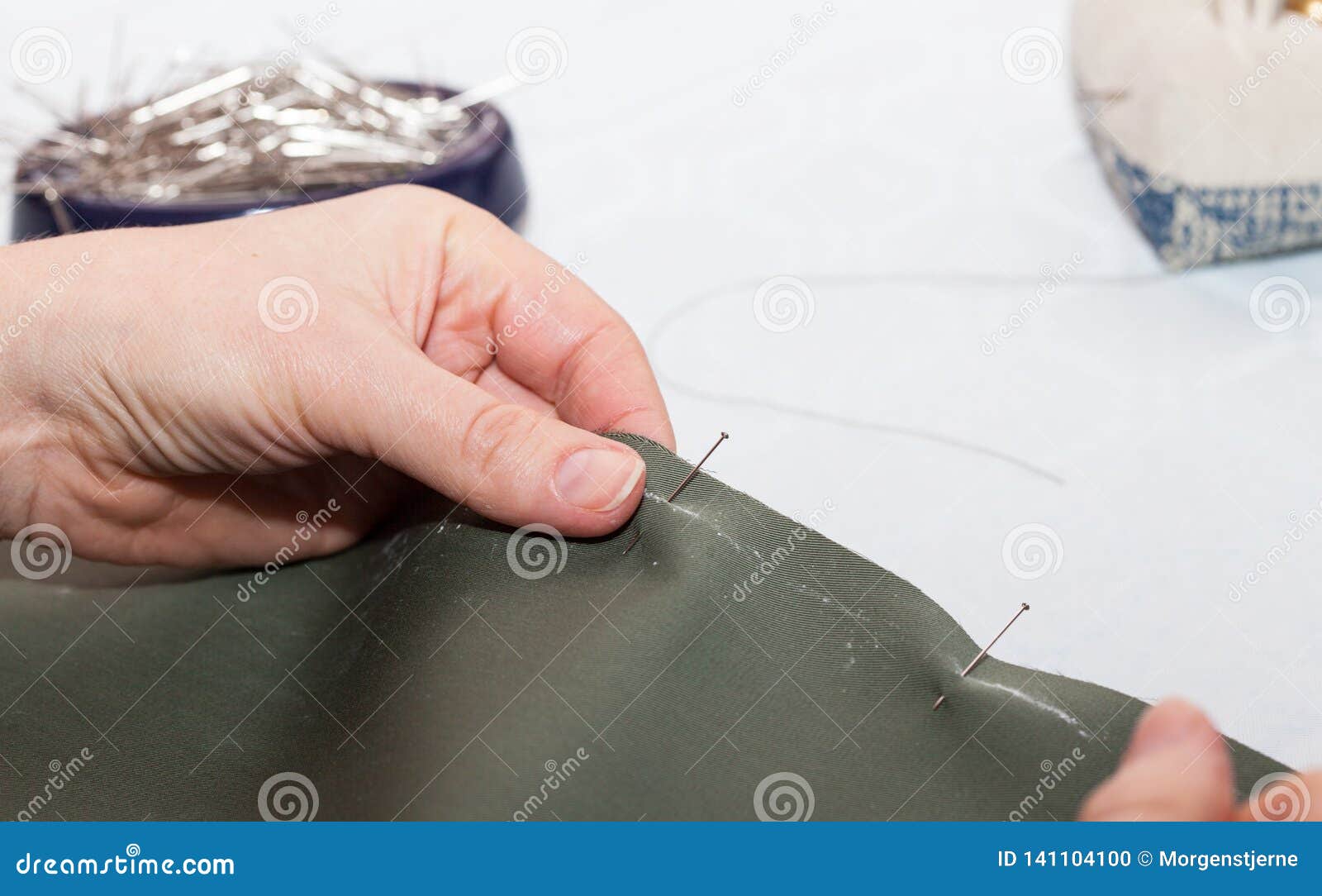 Seamstress Hands at Work, Threads and Needles Stock Photo - Image of ...