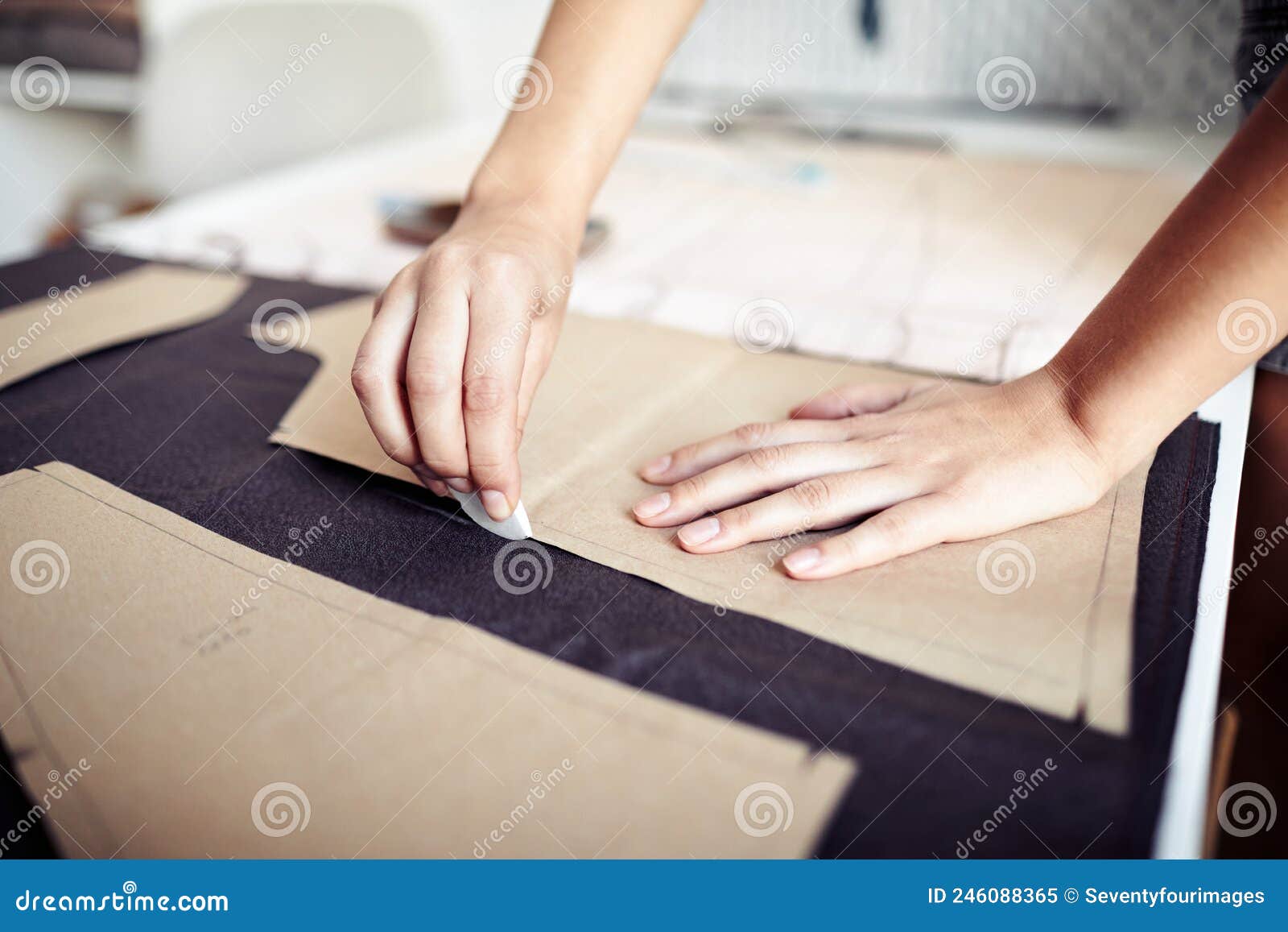 Seamstress Outlining Cardboard Pattern Stock Image - Image of table ...