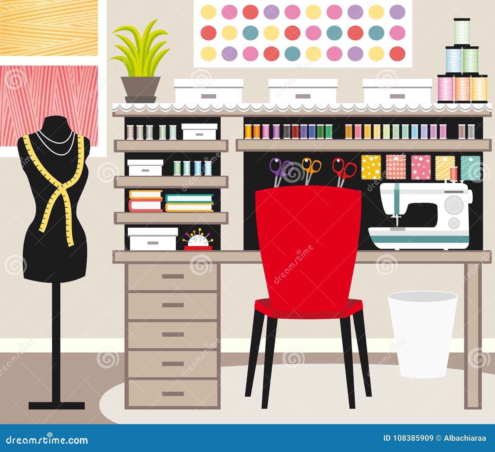 Seamstress`s Office. Dressmaker Workspace. Sewing Illustration I. Blue ...