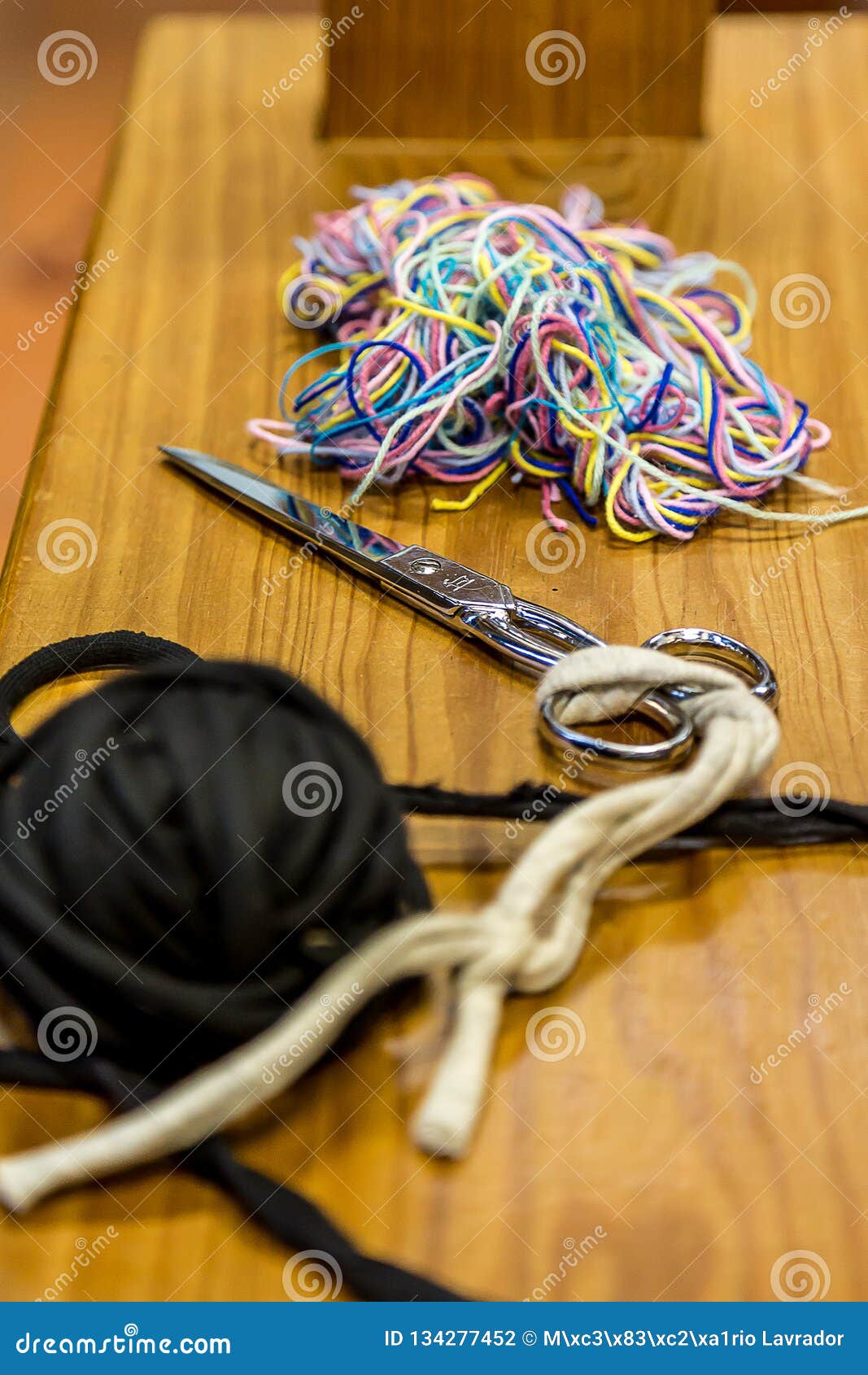 Seamstress Table, with Rag Ball, Threads, and Scissors Stock Photo ...