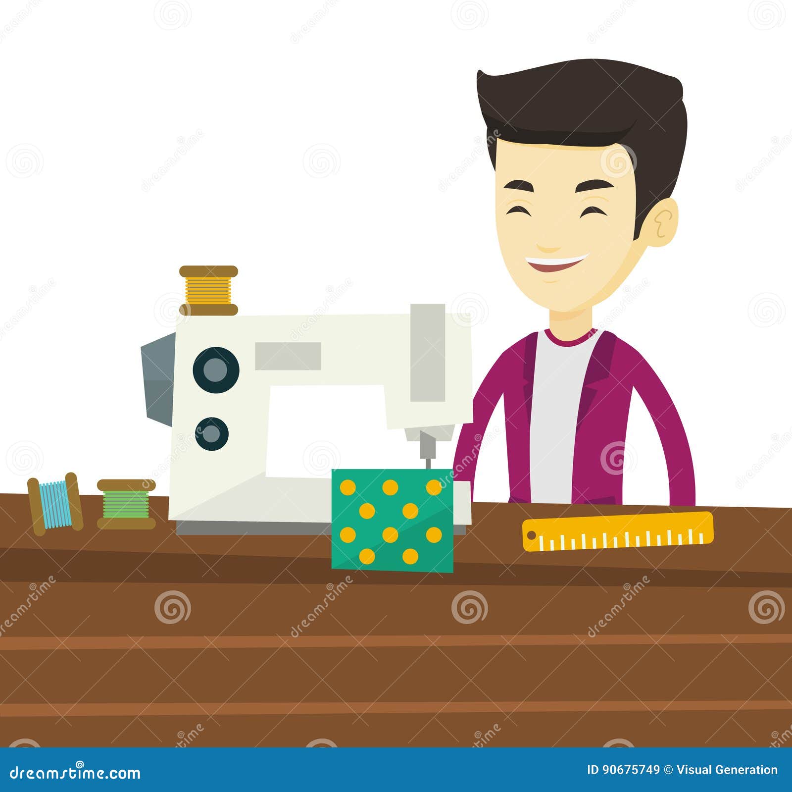 Seamstress Using Sewing Machine at Workshop. Stock Vector ...