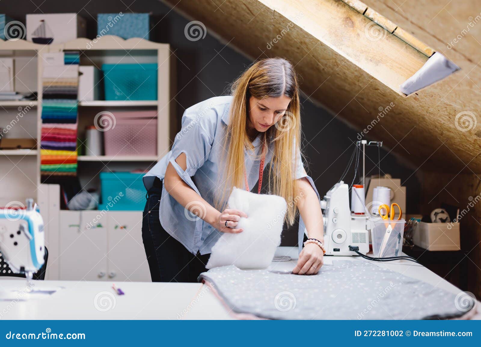 Seamstress Woman Working with Cloth in Clothes Sewing Workshop Stock ...