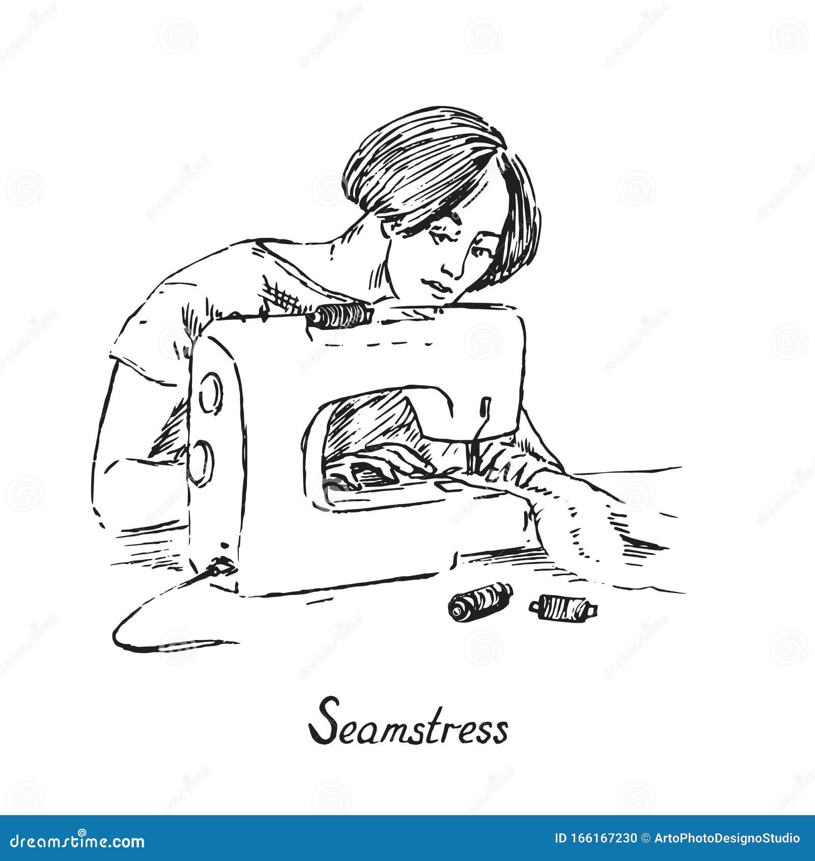 Seamstress At Work With Sewing Machine Hand Drawn Doodle Sketch Black