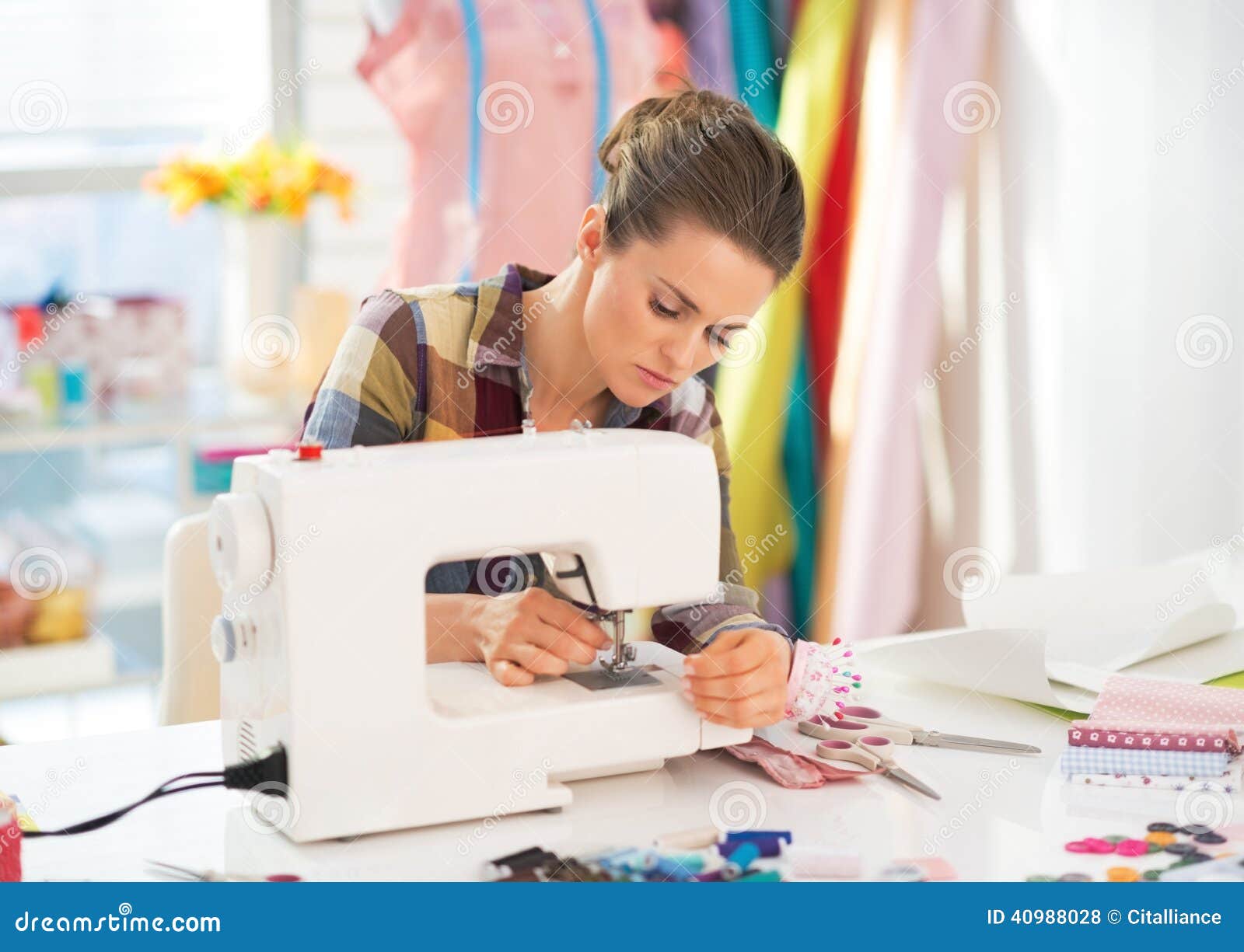 Seamstress Working with Sewing Machine Stock Photo - Image of ...