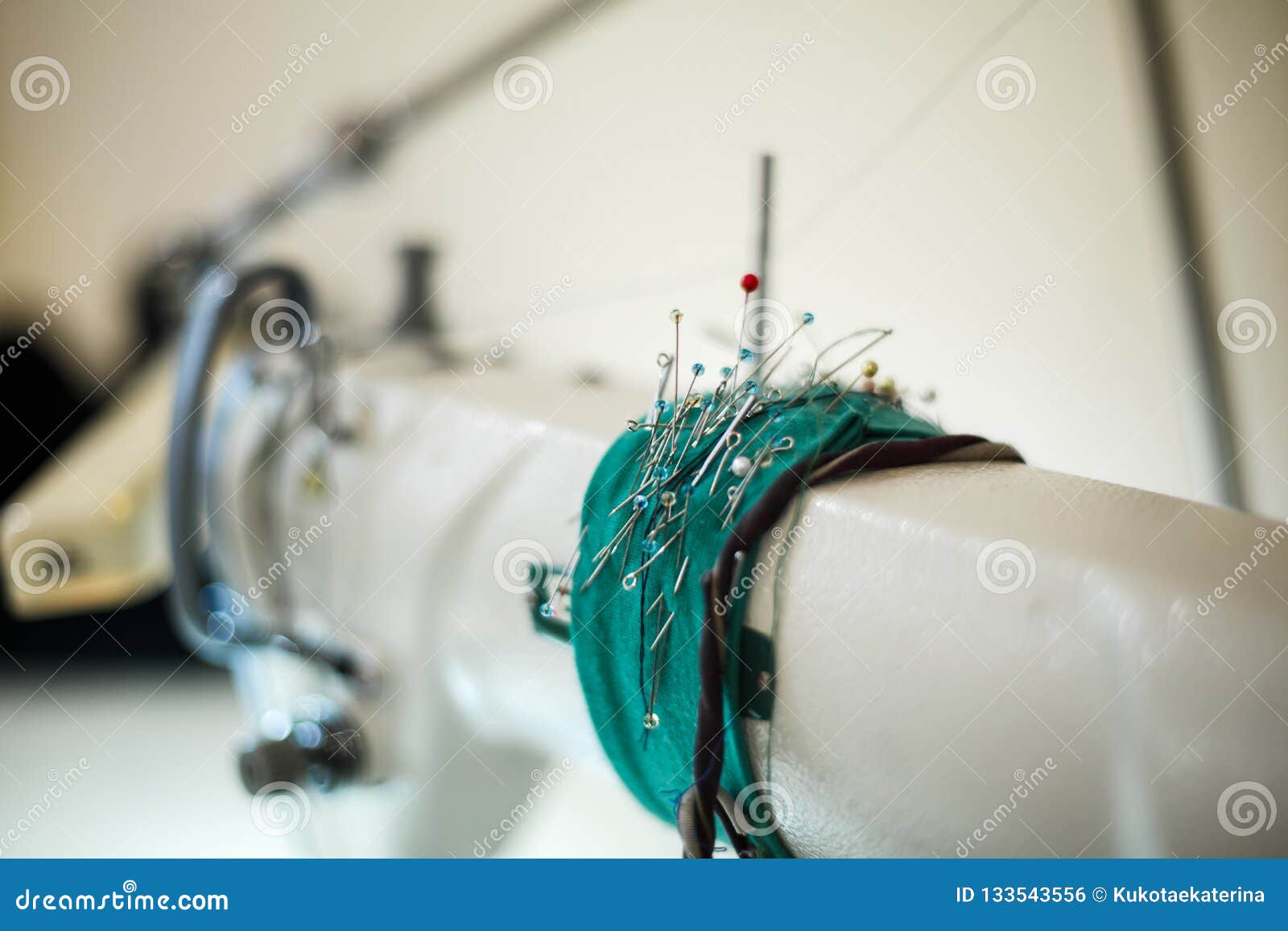 Seamstress Workplace. Sewing Machine Scissors Threads and Other Tools ...