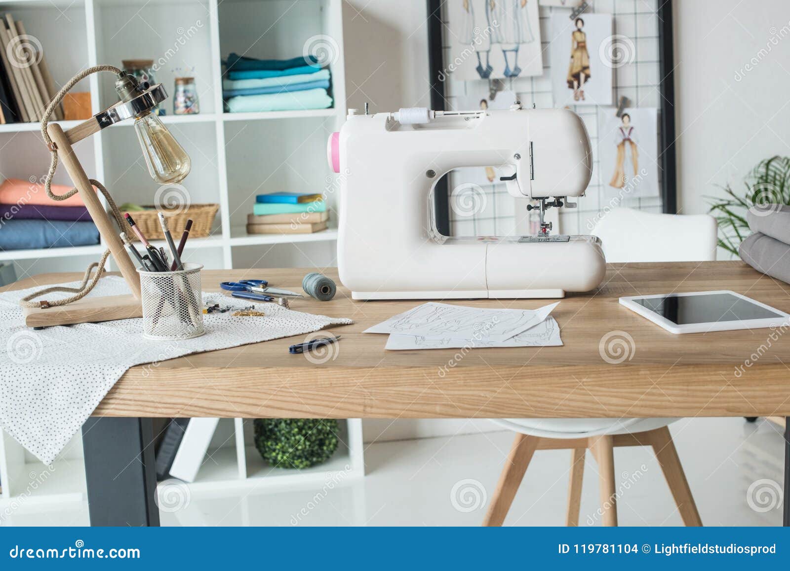 Seamstress Workplace with Sewing Machine Stock Photo - Image of ...