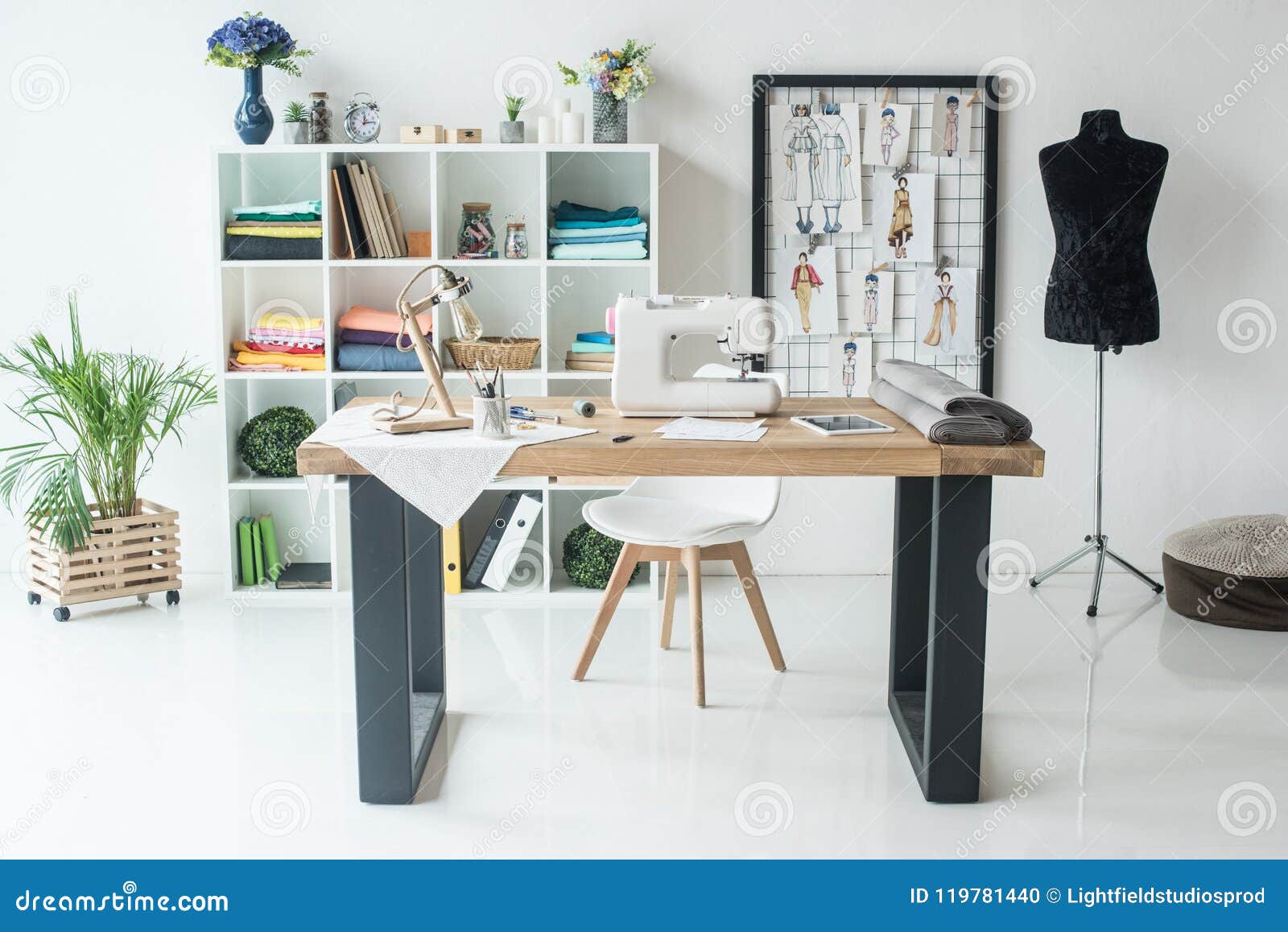 Seamstress Workplace with Sewing Machine Stock Photo - Image of wooden ...