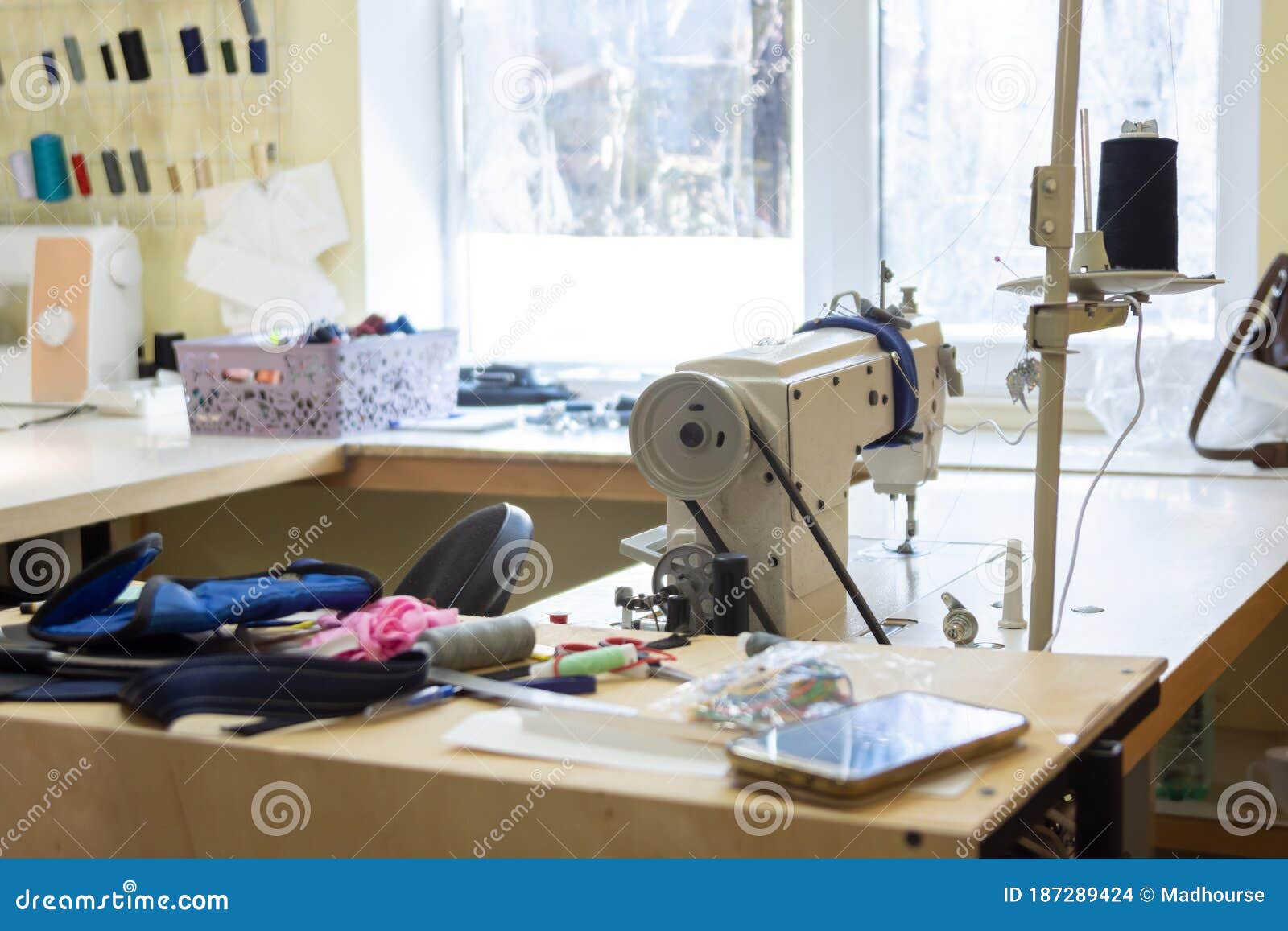 Seamstresses in Workshop with Industrial Sewing Equipment Stock Photo ...