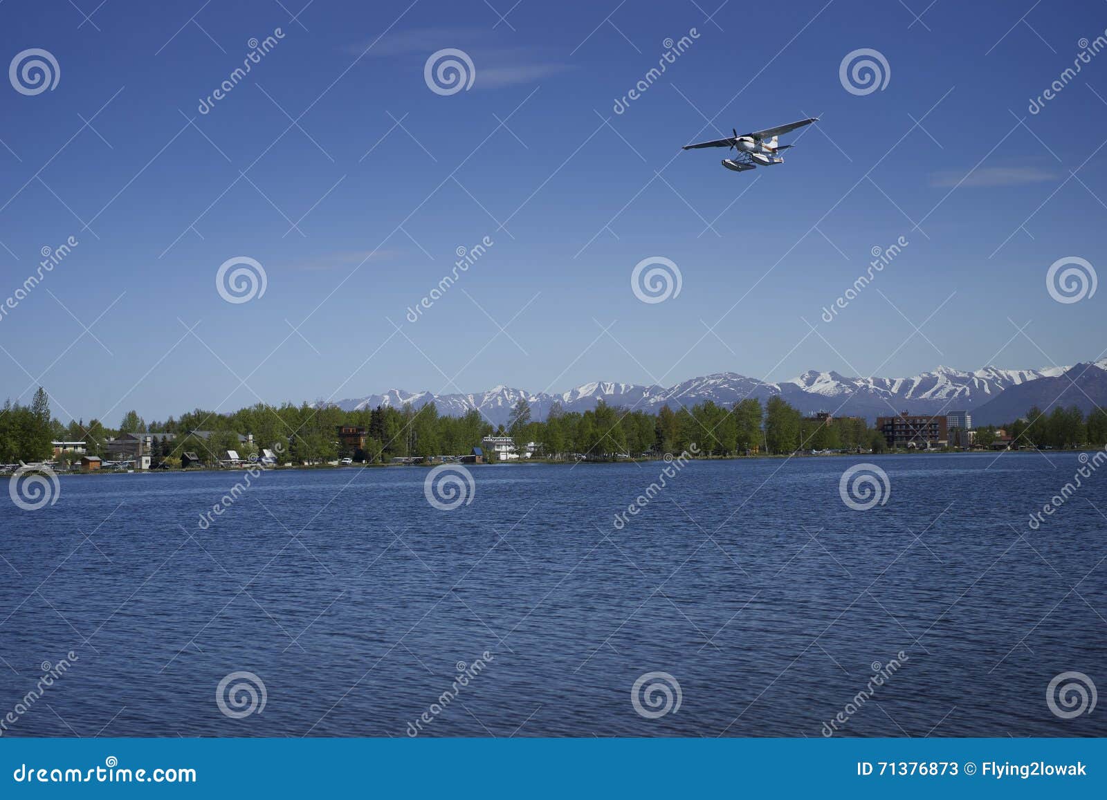 Seaplane flying over lake stock image. Image of happy - 71376873
