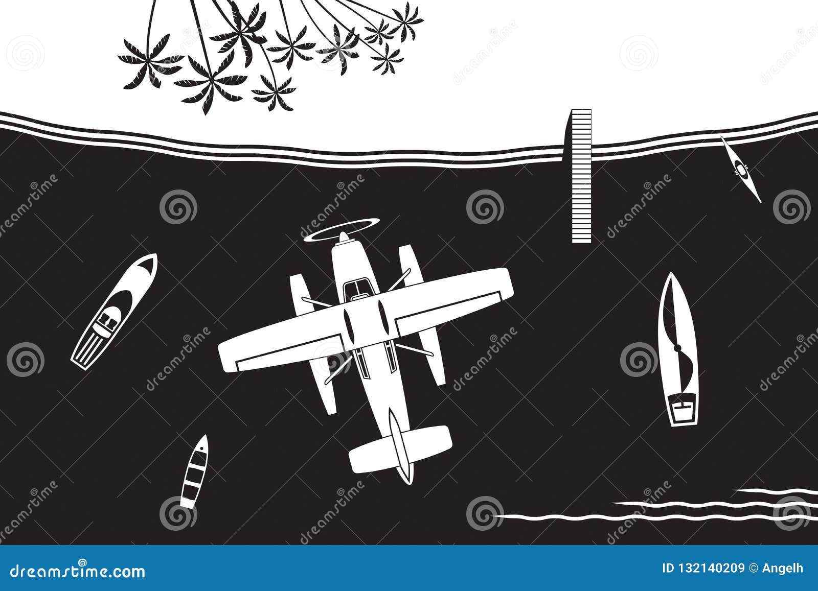 Seaplane Flying To Island in the Sea Stock Vector - Illustration of ...