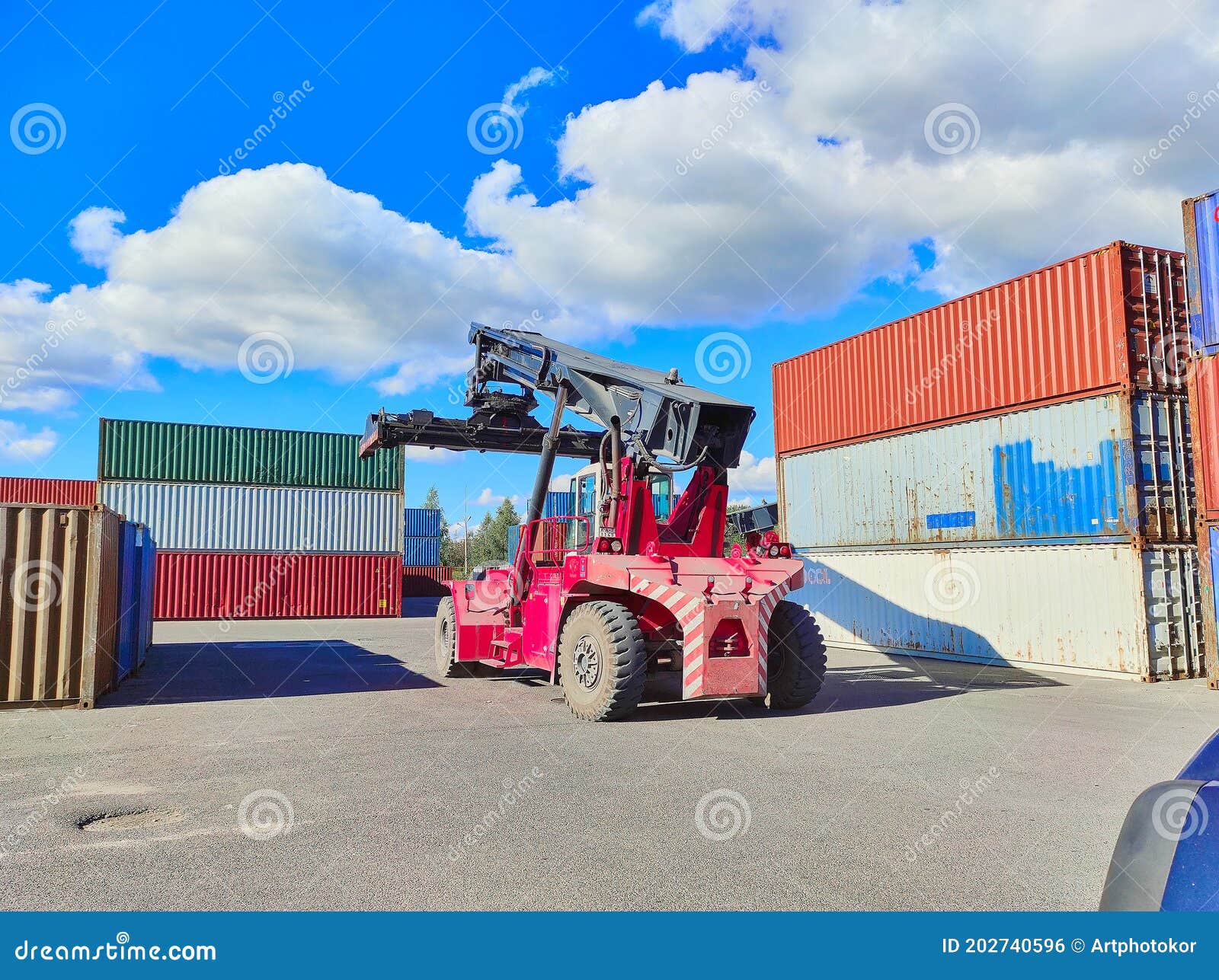 Seaport with Containers and Loader. Cargo Transportation. Dock with ...