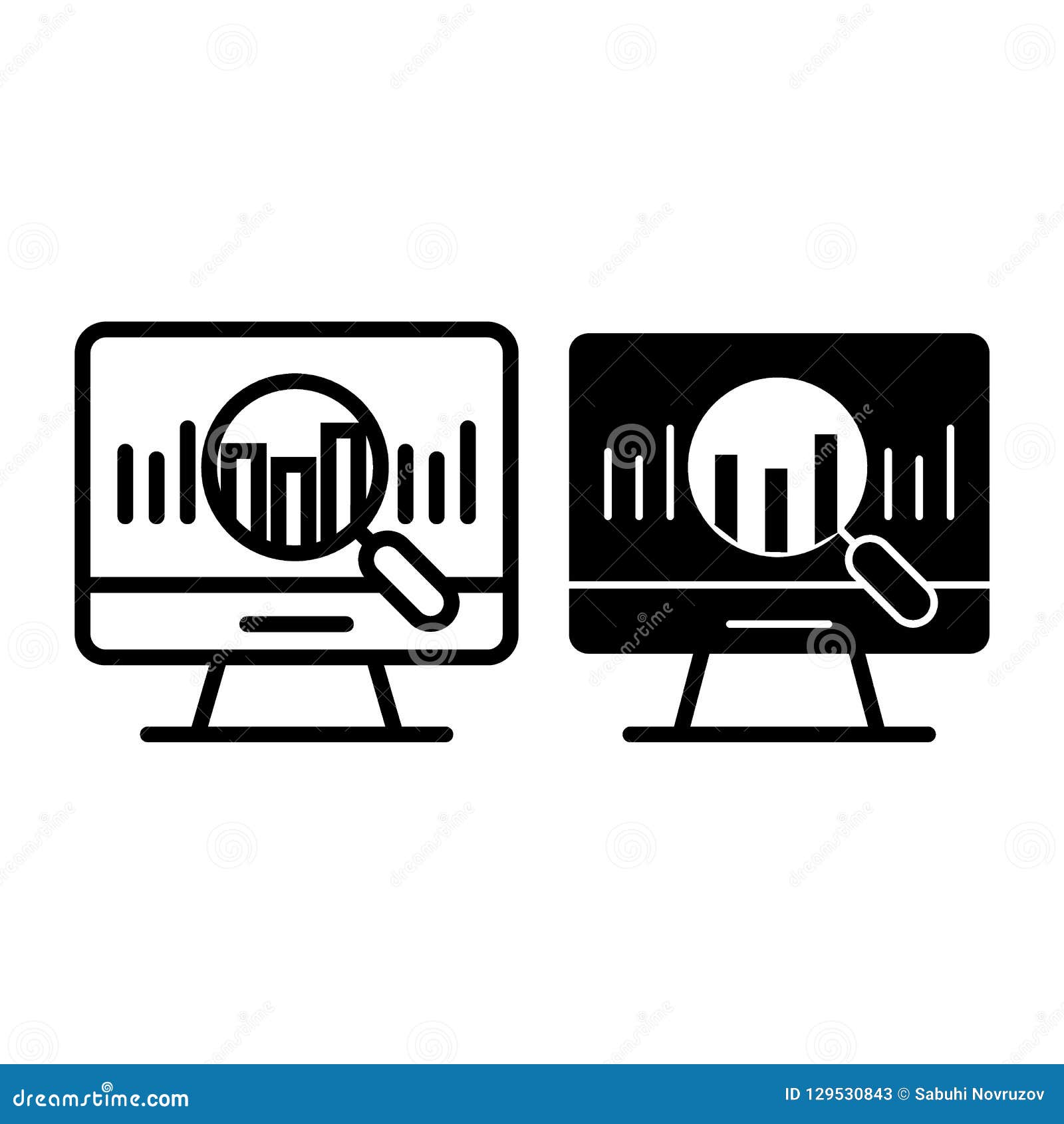 Search Chart Line and Glyph Icon. Computer with Magnifying Glass Vector ...
