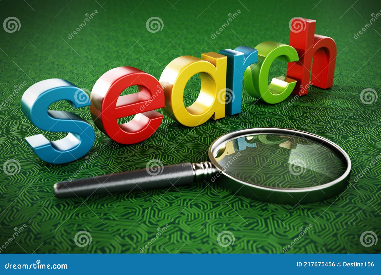 Search Engine Text and Magnifying Glass Standing on Green PCB Texture ...