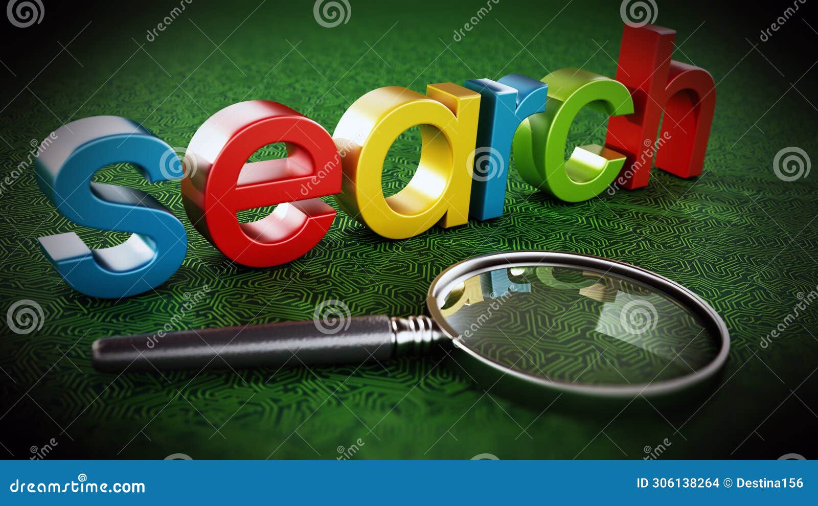 Search Engine Text and Magnifying Glass Standing on Green PCB Texture ...
